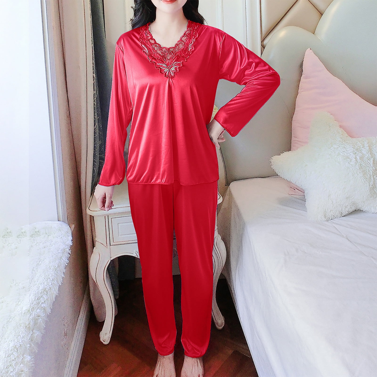 Elvqul V-Neck Pajamas for Women Long Sleeve Red Soft Sleepwear Plus ...