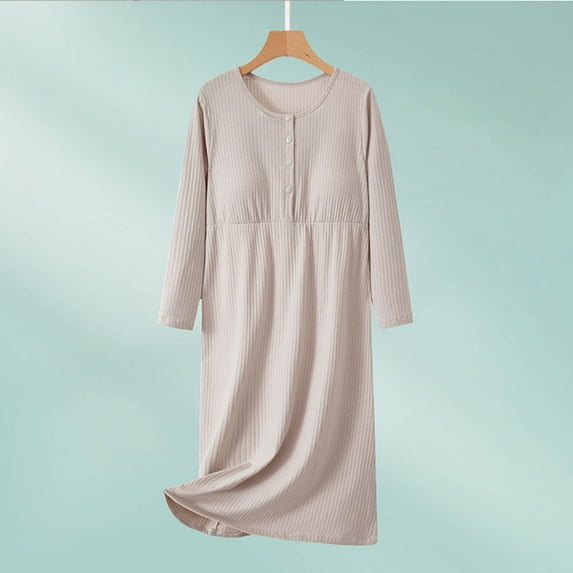 Elvqul Winter Nightgowns for Women Beige Cotton Sleepwear Long Sleeve ...