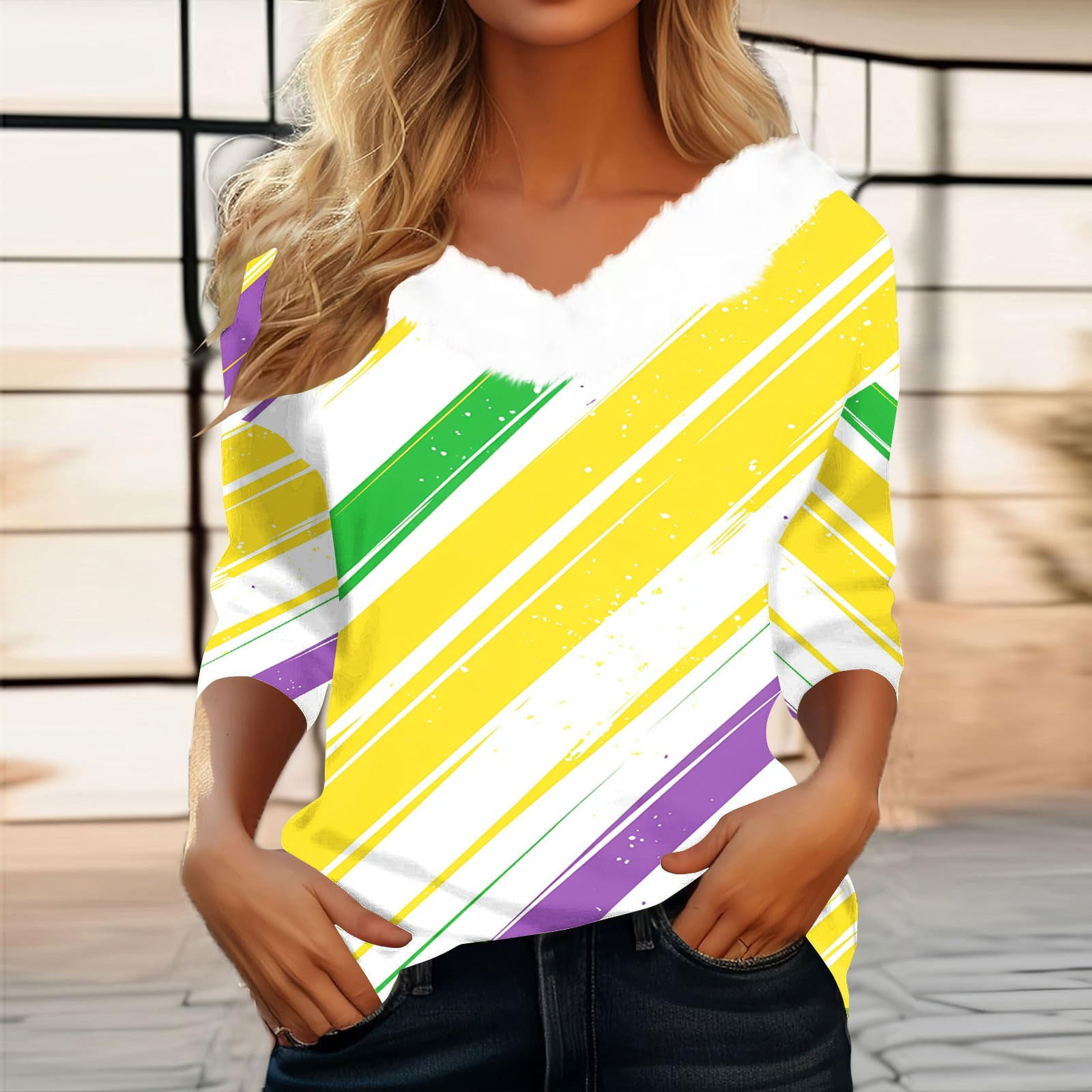 Elvqul Womens 3/4 Sleeve Tops V-Neck Fleece Yellow T-Shirts Plus Size Block Pullover Comfortable ...