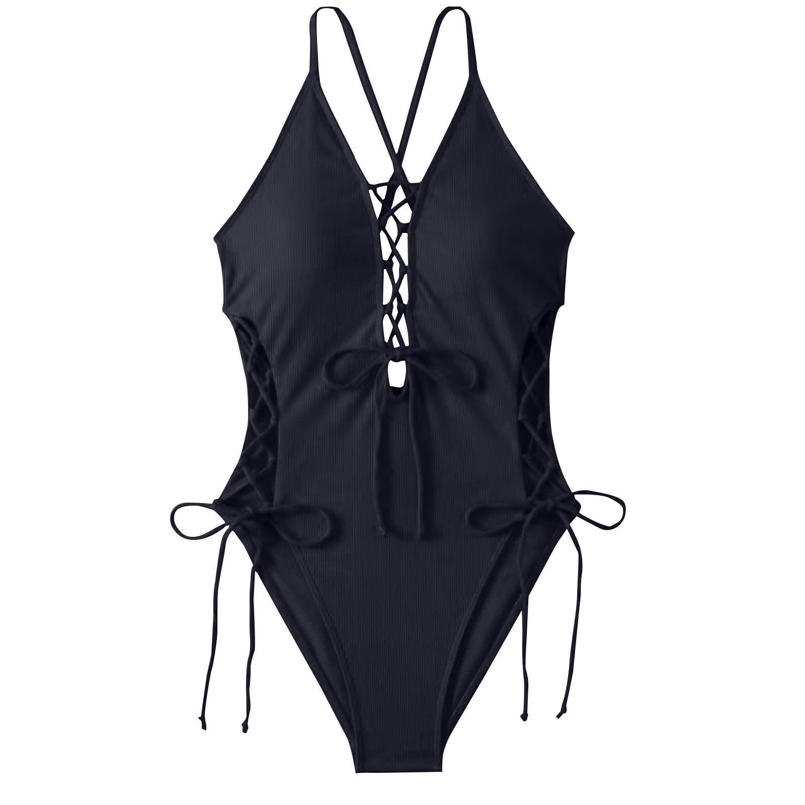 Elvqul Womens Bathing Suits 1 Piece Swimsuits Summer Plain Wrap Tie ...