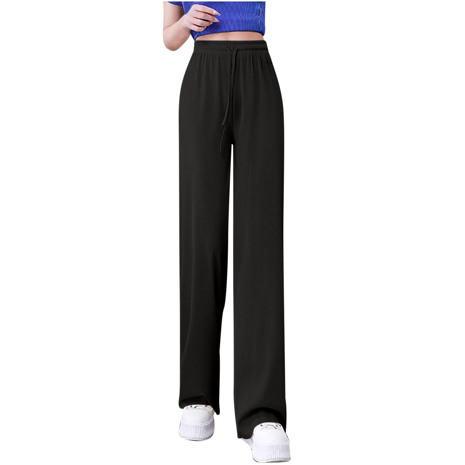 Elvqul Womens Black Pants Wide Leg Slim Fitting Slacks Silk Casual ...