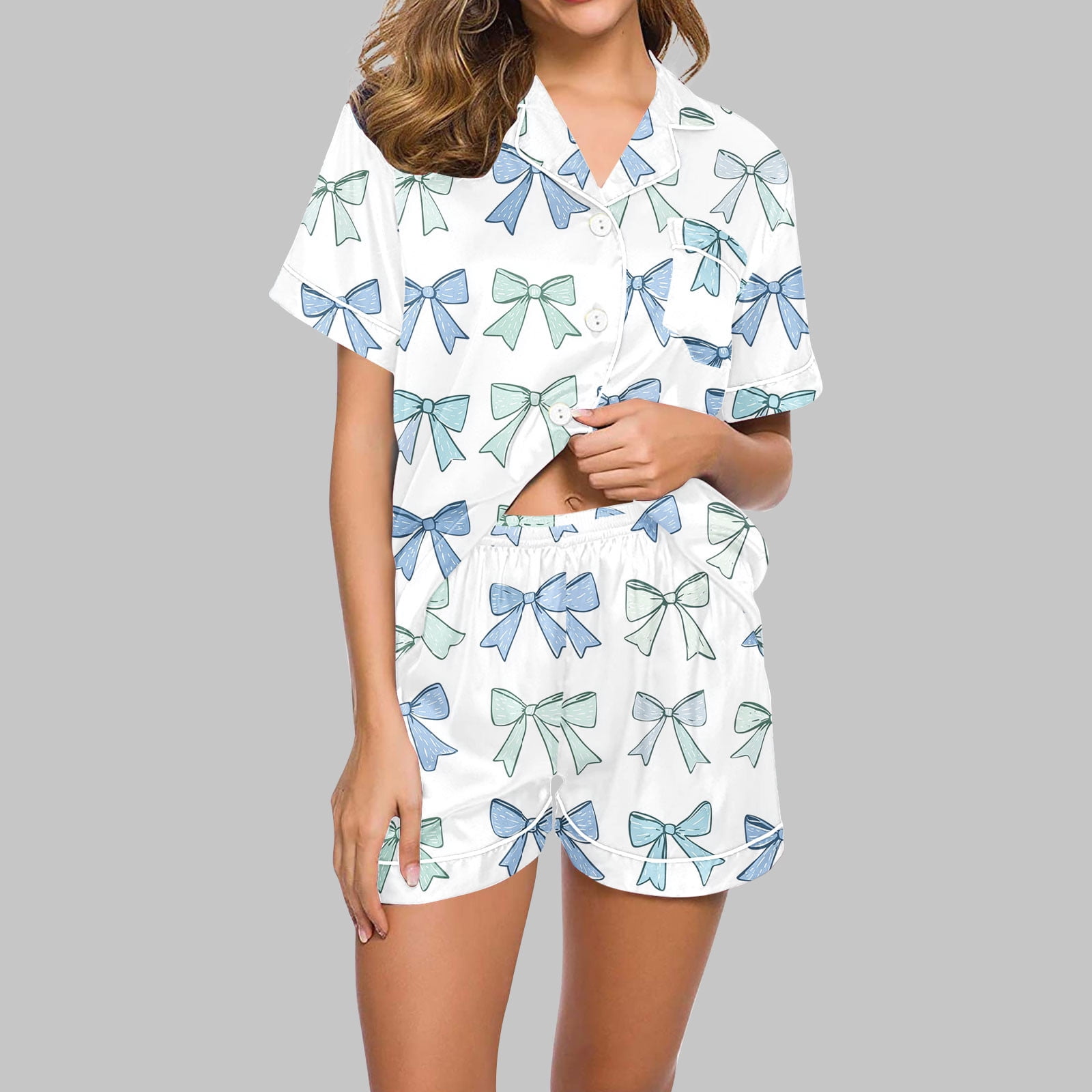 Elvqul Womens Button Down Pajamas Light Blue Pajamas Set Summer Collar ...