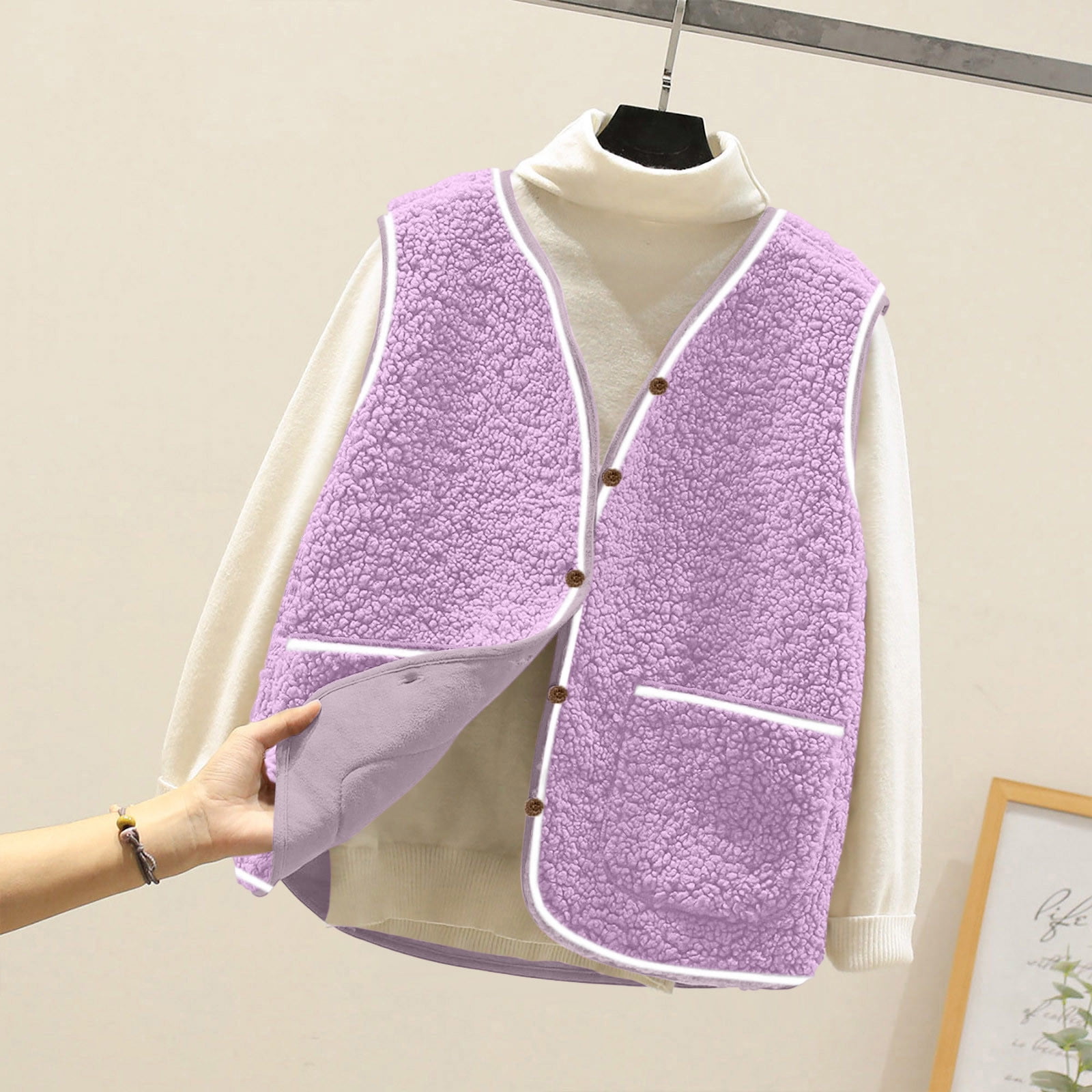 Elvqul Womens Button Down Vests Purple with Pockets Waistcoat Solid ...