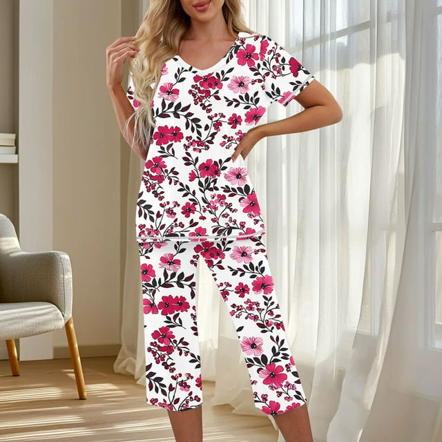 Elvqul Womens Capri Pajamas Hot Pink Pajamas Set Cozy Print Summer V ...