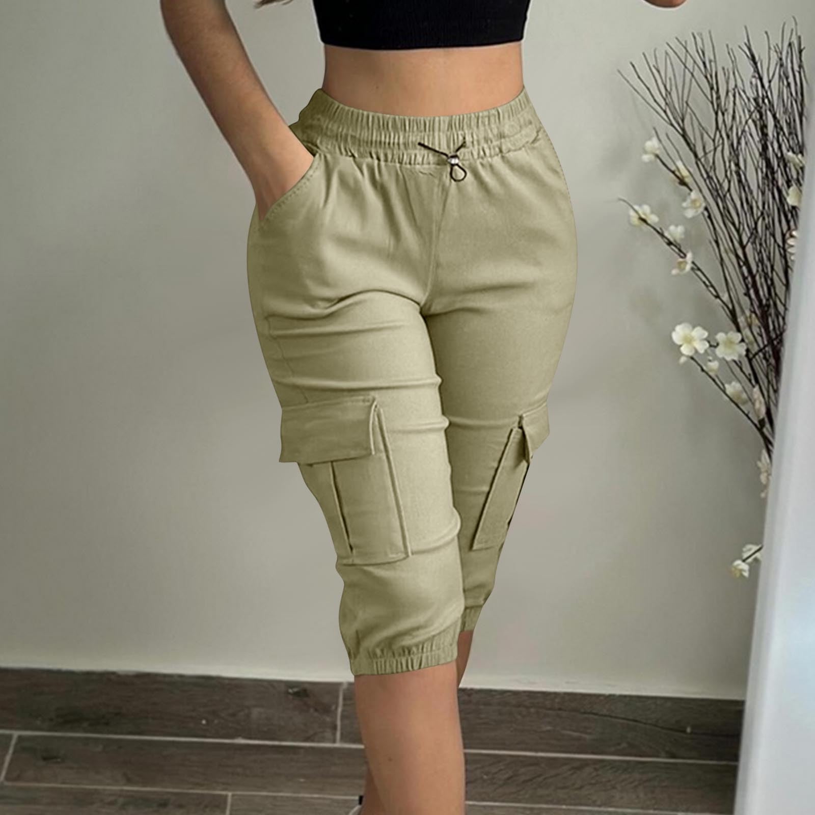 Elvqul Womens Cargo Shorts Green Solid Summer with Pockets High Waisted ...