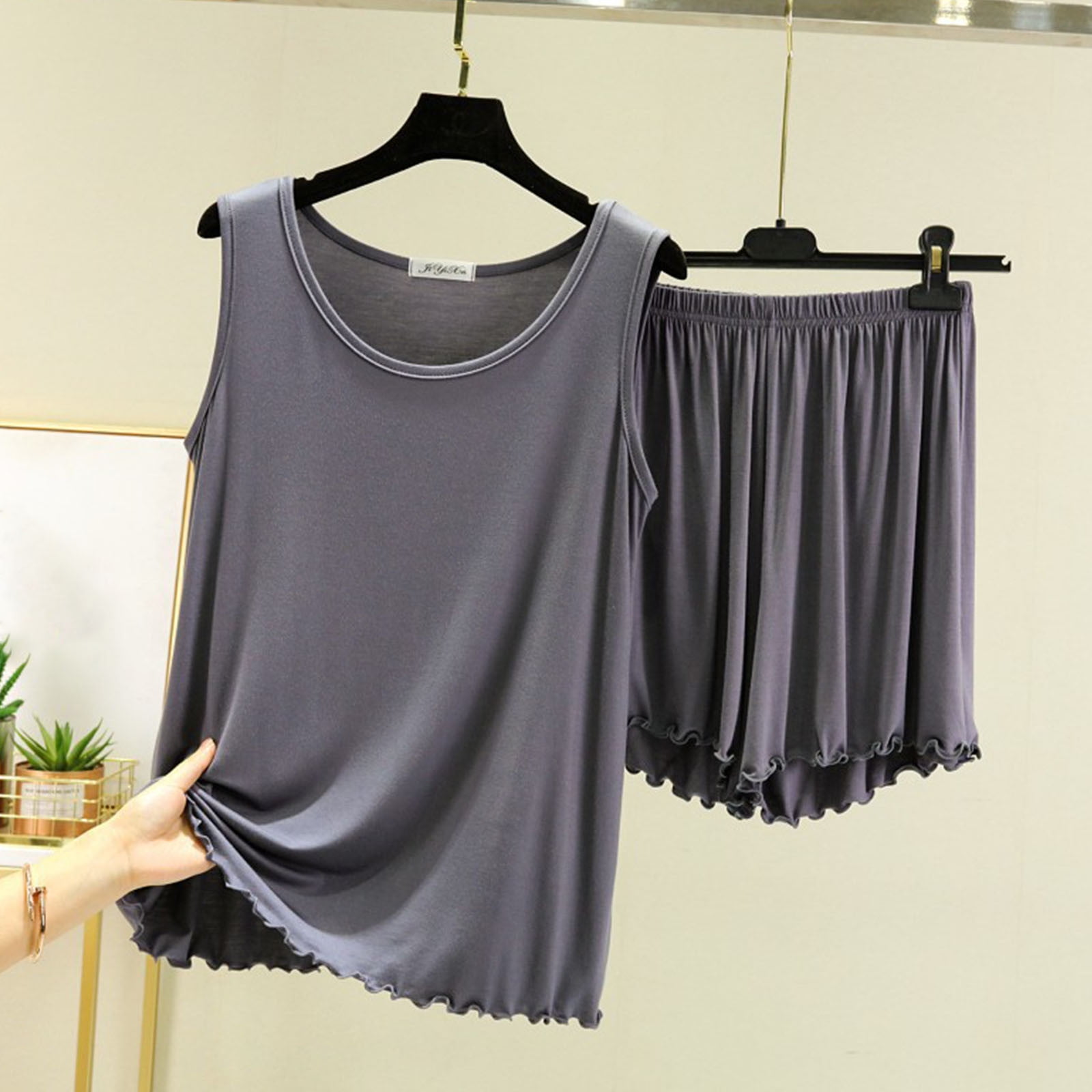 Elvqul Womens Casual Pajamas Ruffled Pajamas Set Dark Gray Cotton Crew ...