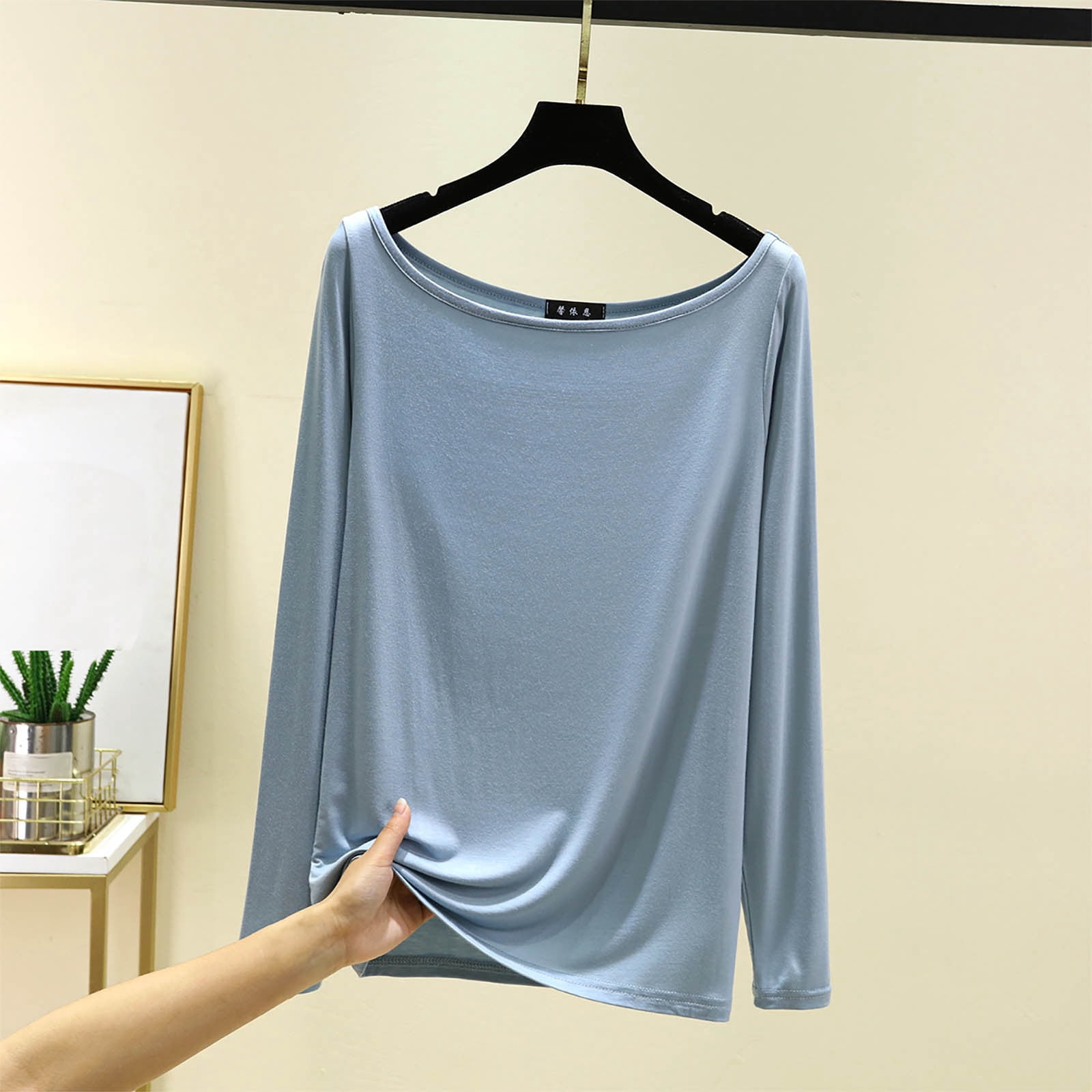 Elvqul Womens Casual Tops Solid Color Blouse Light Blue Fanshion Long ...