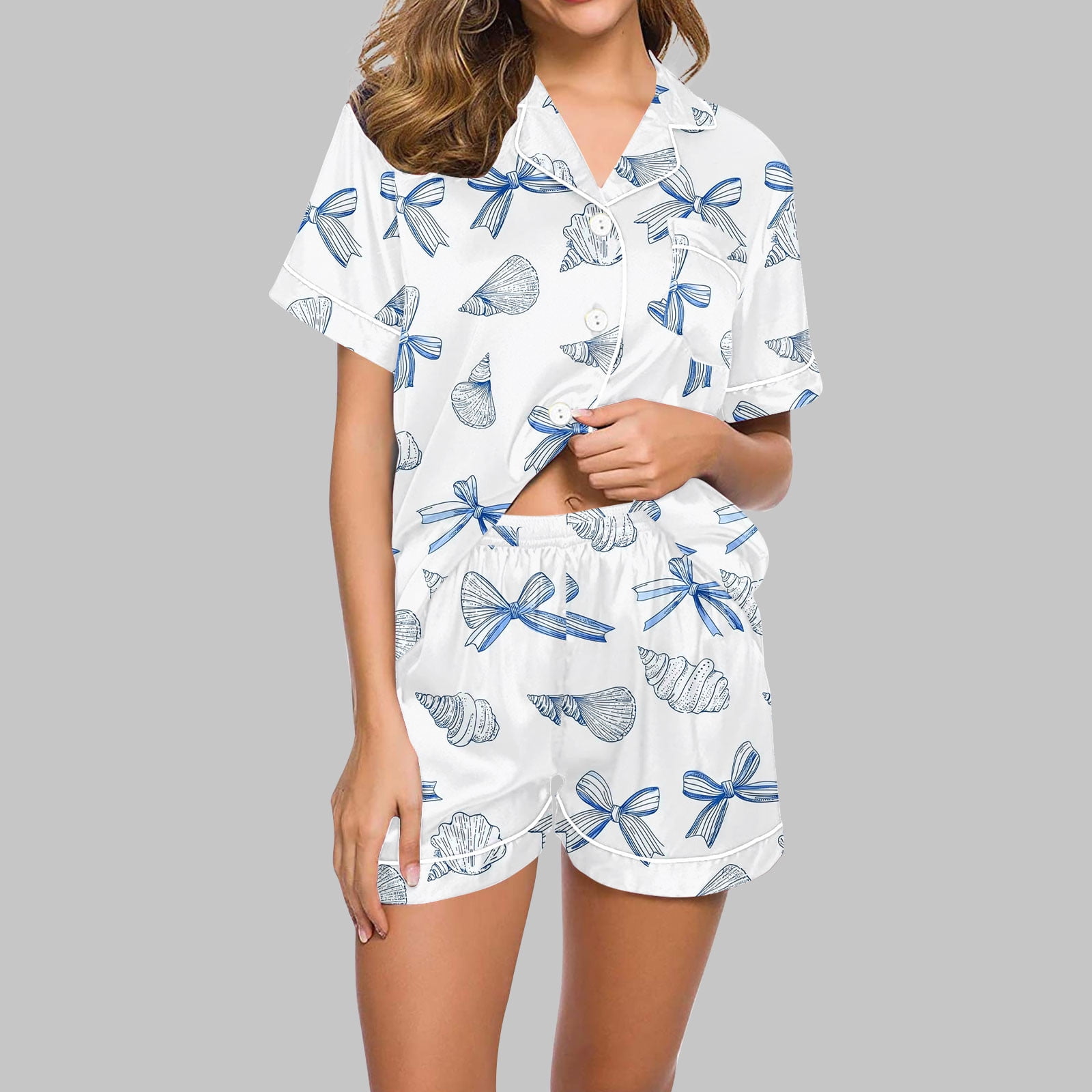 Elvqul Womens Collar Pajamas Pajamas Set Summer Short Sleeve Button ...