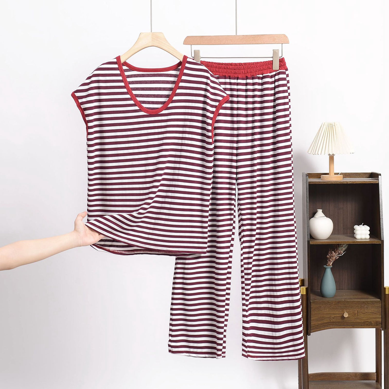 Elvqul Womens Cotton Pajamas Sleeveless Wine Pajamas Set Casual Crew ...