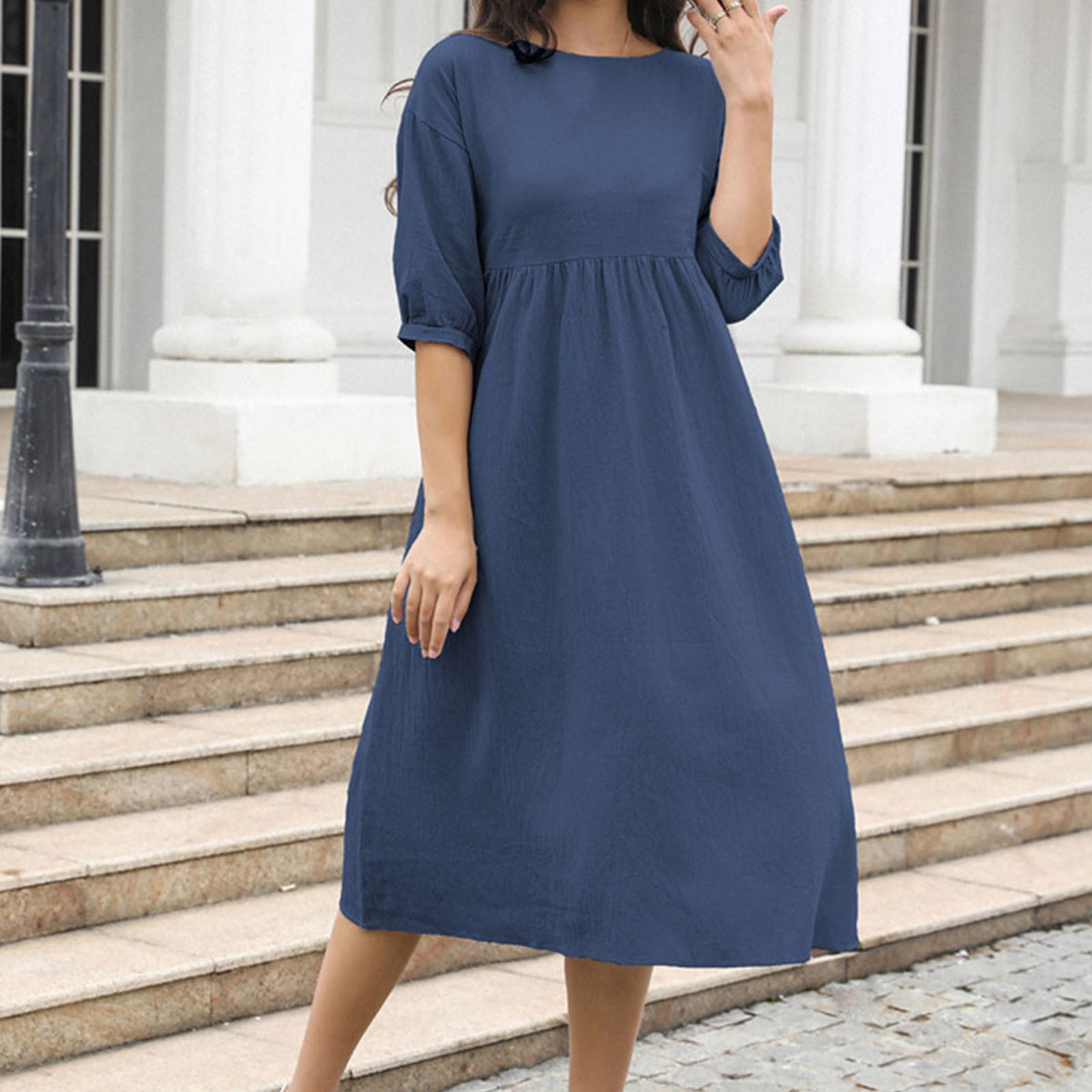 Elvqul Womens Dresses Elbow-Length Cotton Navy Round Neck Maxi Plus ...