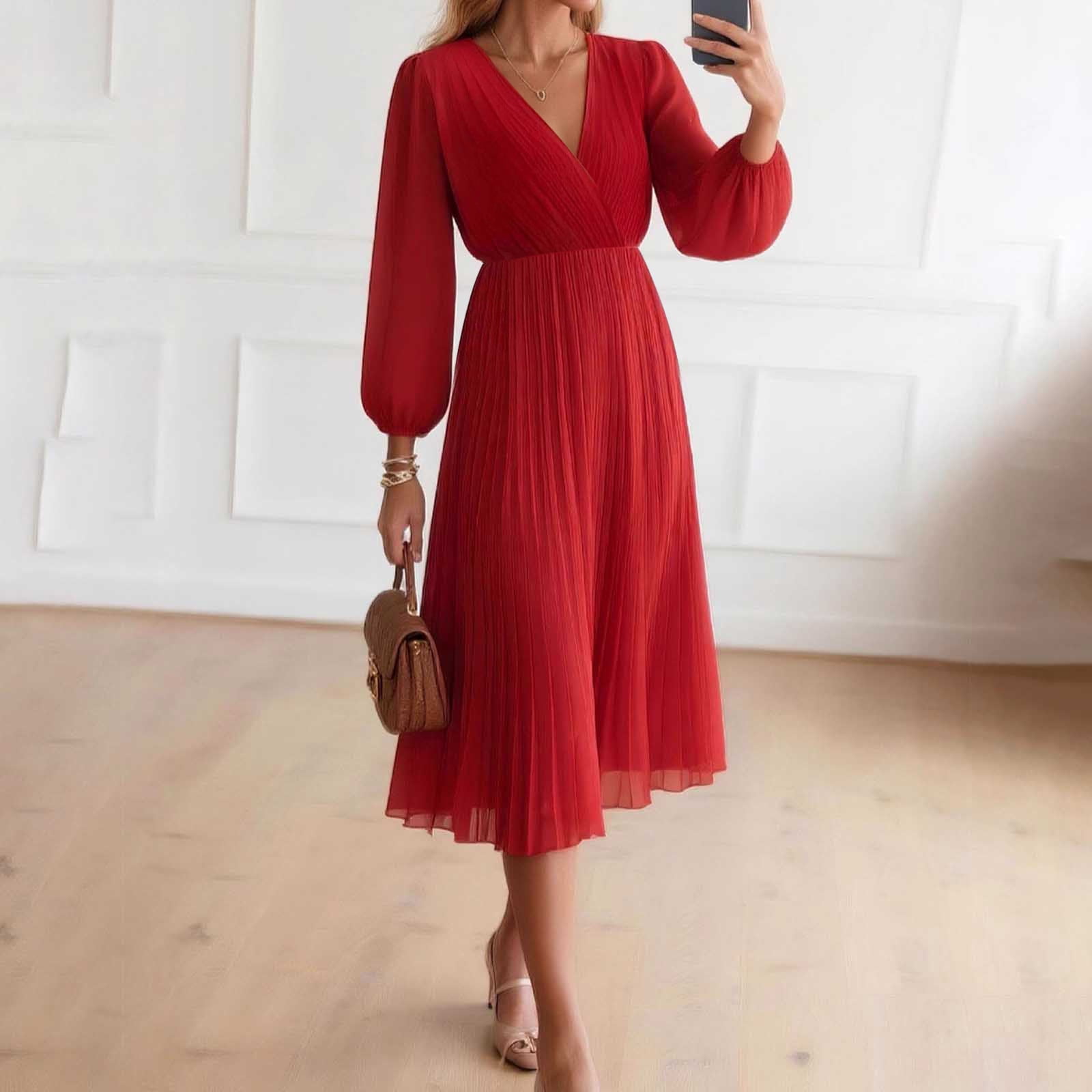 Elvqul Womens Dresses Evening Pleated Dress Red House Winter V Neck ...