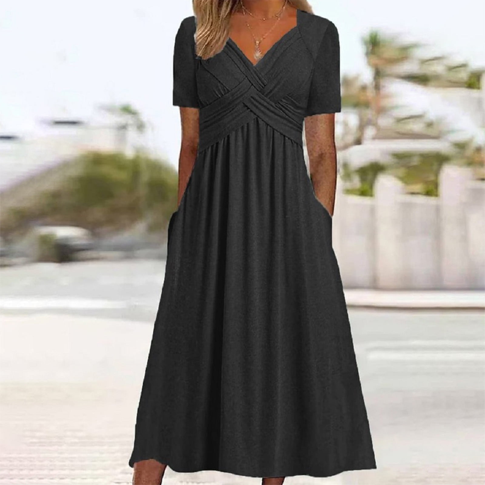 Elvqul Womens Dresses Solid V-Neck Short Sleeve Evening Gown Summer ...
