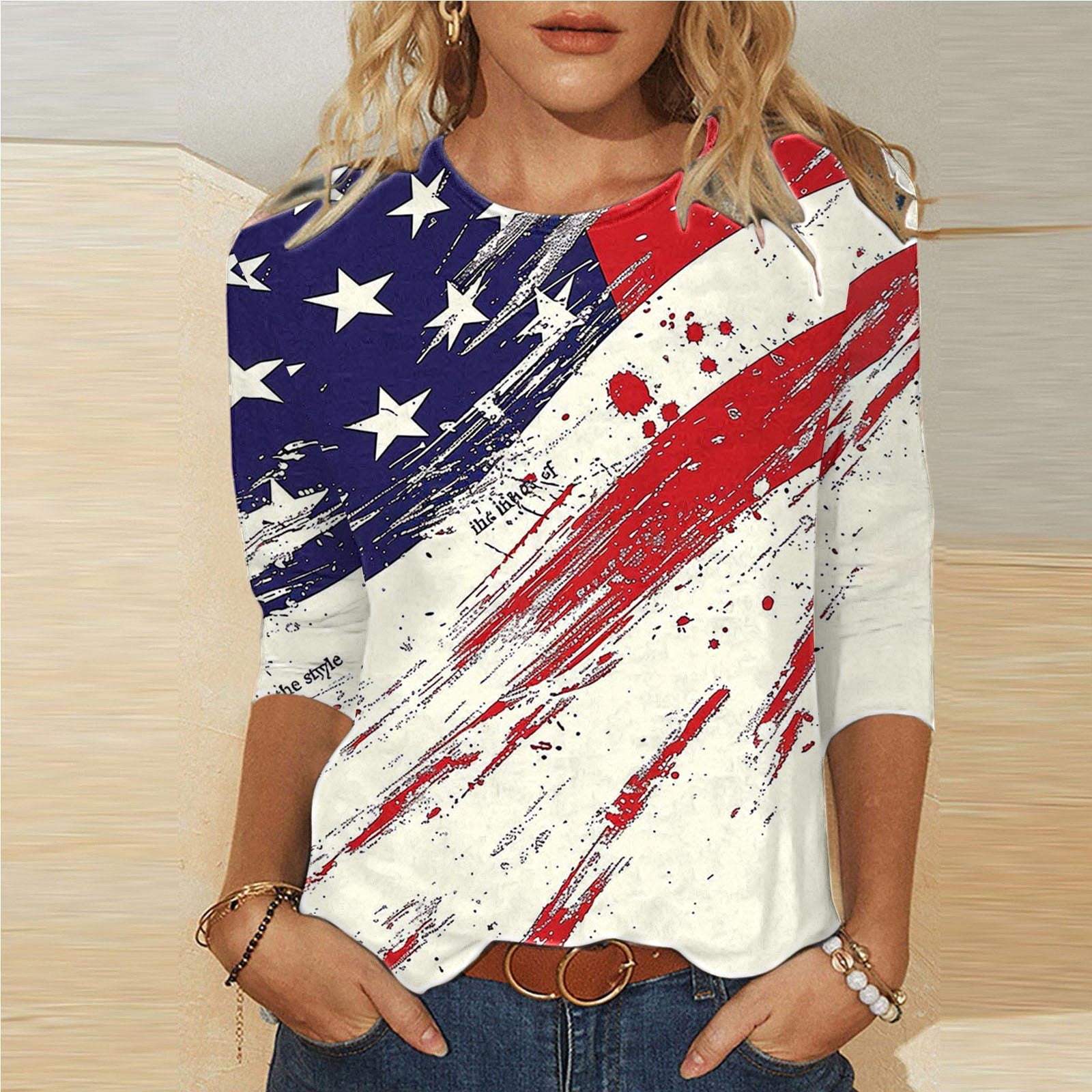 Elvqul Womens Fourth of July T-Shirts Under 5 American Flag Tops Independence Round Neck ...
