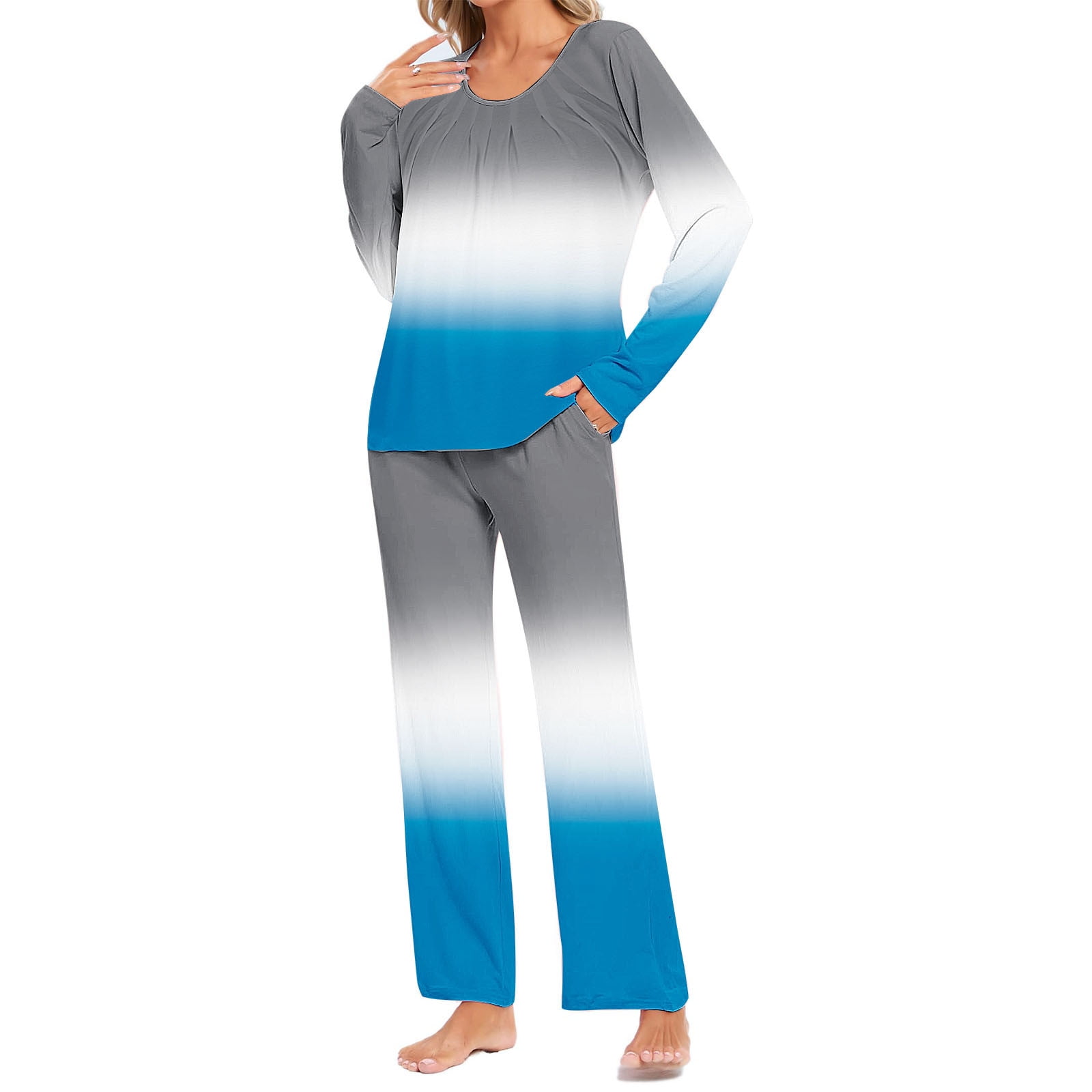 Elvqul Womens Long Sleeve Pajamas Gradient Print Sleepwear Casual Pullover Basic with Pocket ...