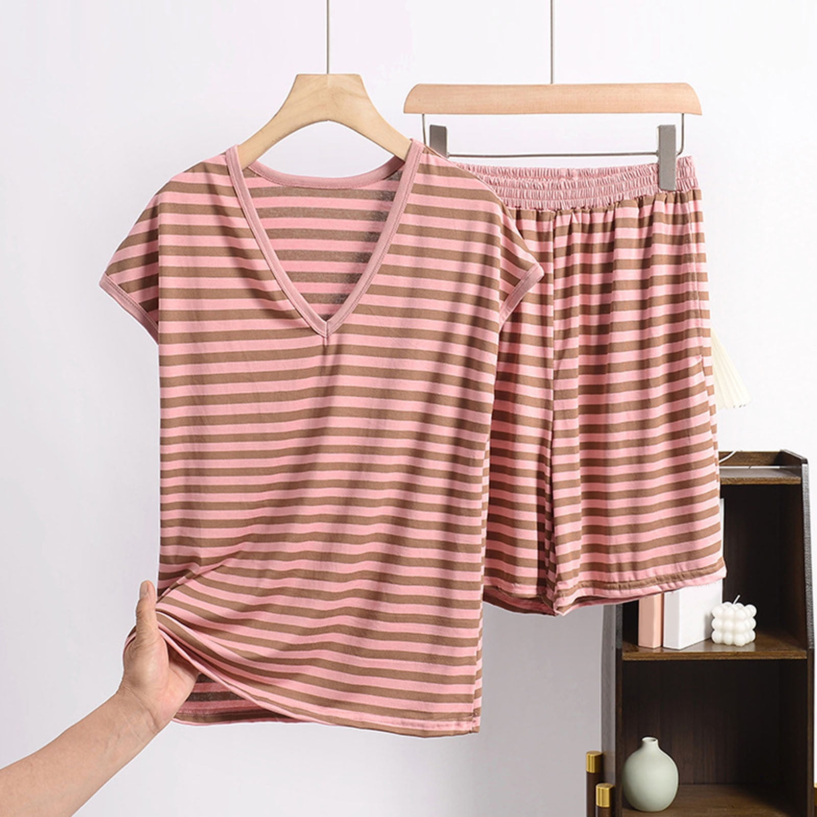 Elvqul Womens Loose Pajamas V-Neck Pajamas Set Summer Solid Color ...