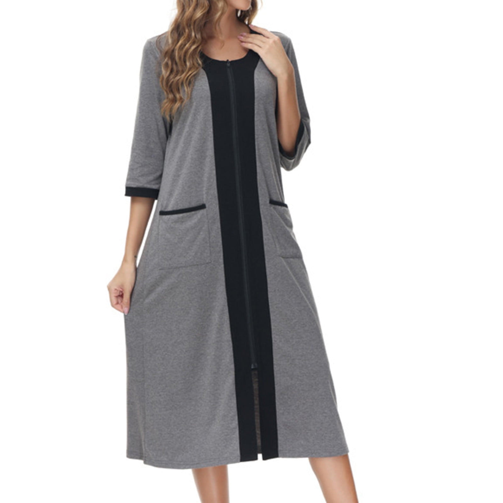 Elvqul Womens Loose Robes 100%Cotton Summer Bathrobe Gray Zip Front ...