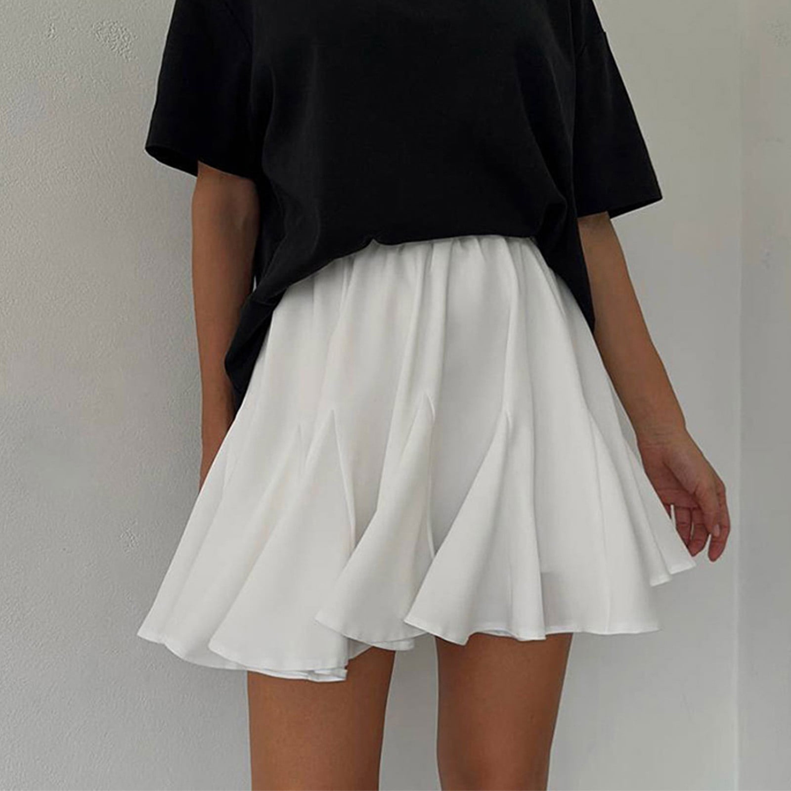 Elvqul Womens Loose Skirts Pleated Trendy Elastic Waist Casual White ...