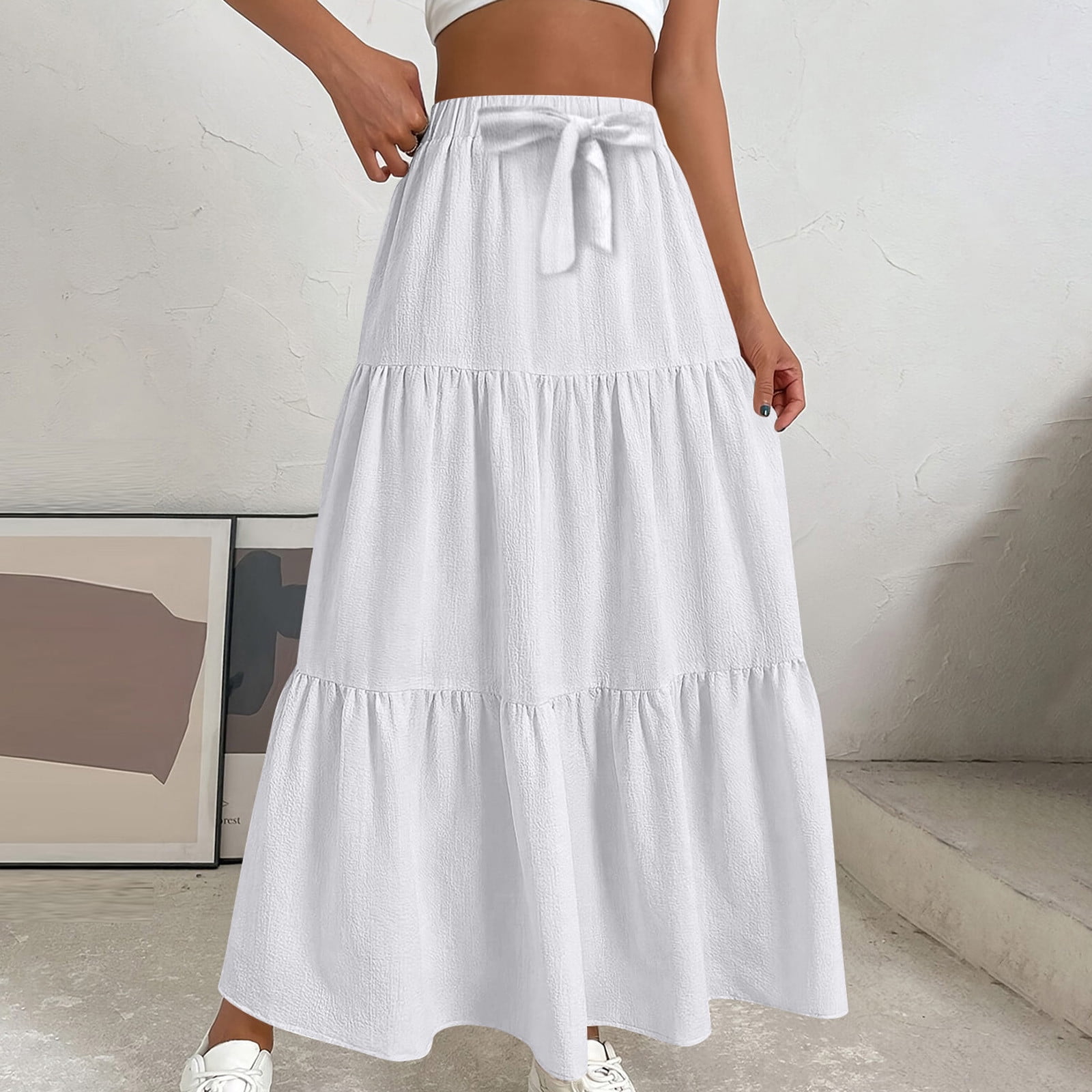 Elvqul Womens Midi Skirts Elastic Waisted A-Line Skirts White Summer ...