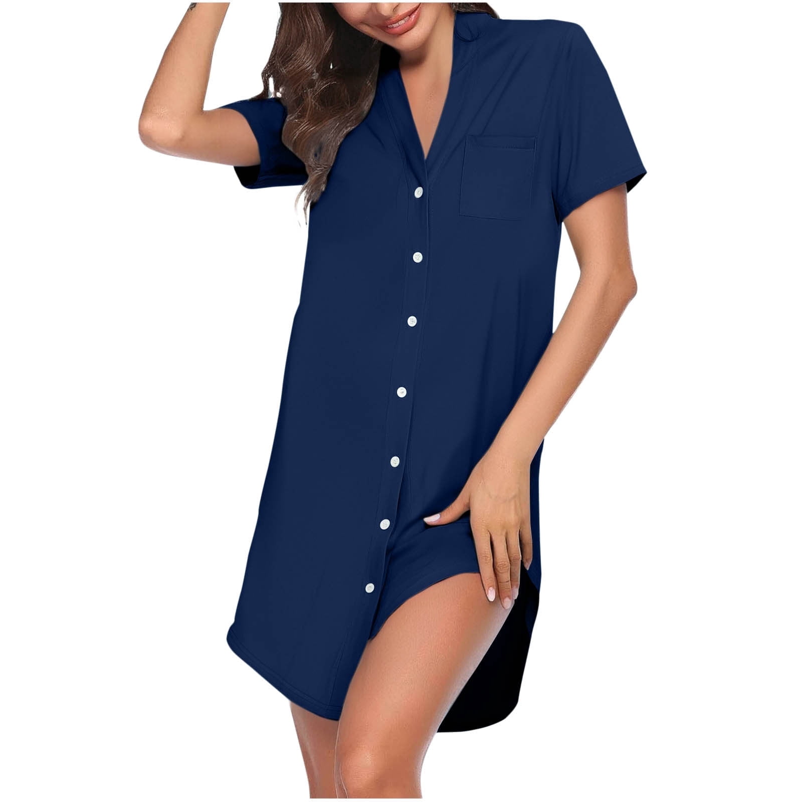 Elvqul Womens Nightgowns Collared Comfy Loungewear Short Sleeve with ...
