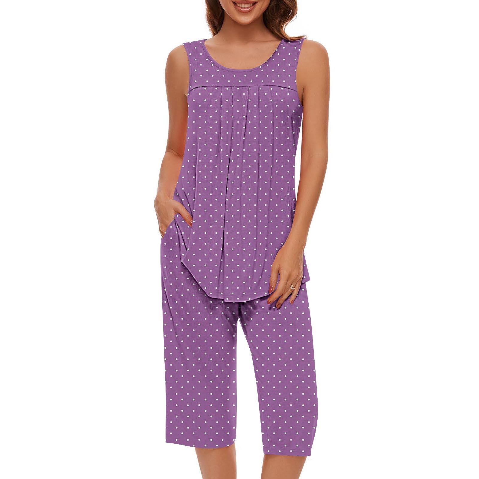 Elvqul Womens Pajamas 2PC Sleeveless Cropped Sleepwear Purple Tops and ...