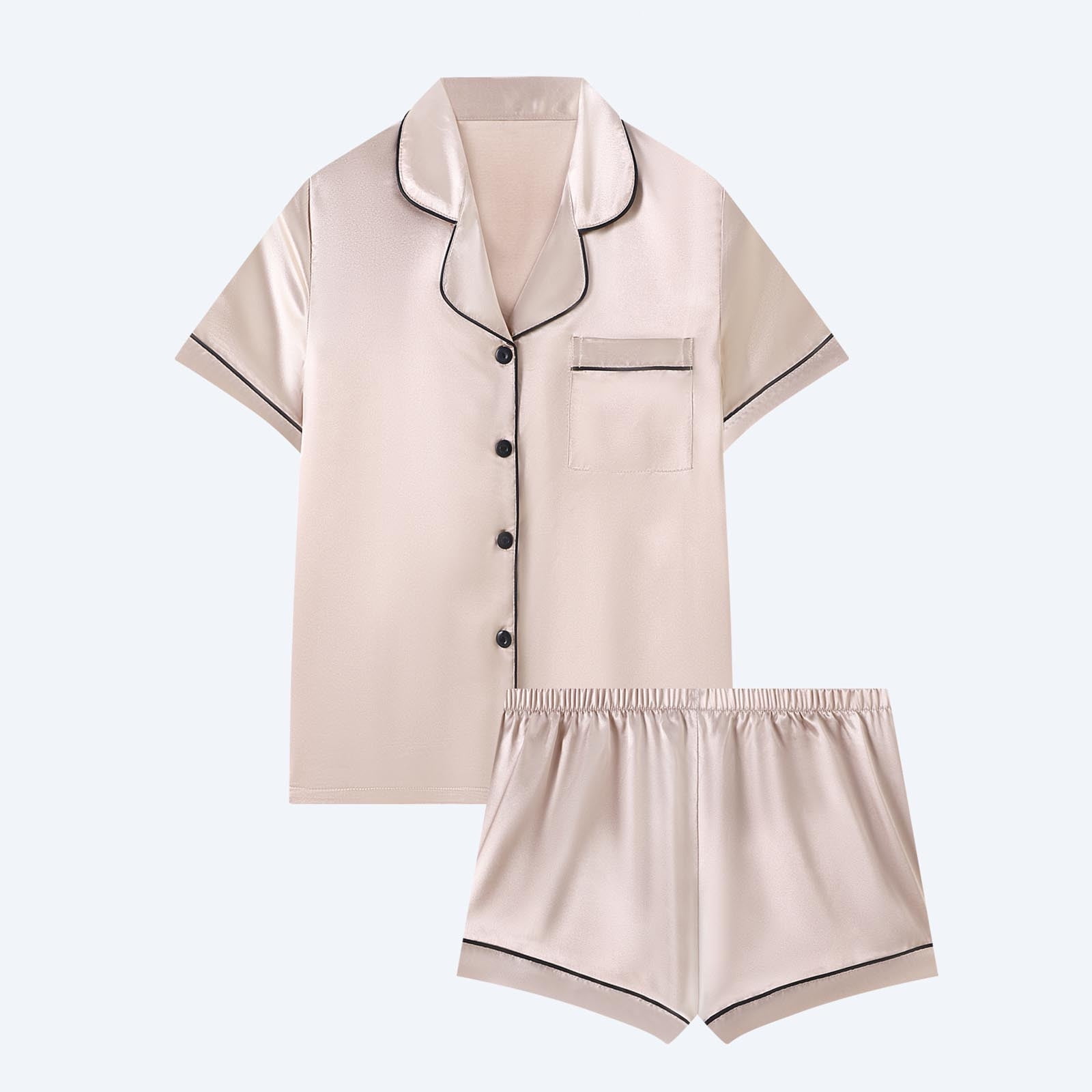 Elvqul Womens Pajamas Beige Soft Silky Pajamas Set Button Down Satin ...