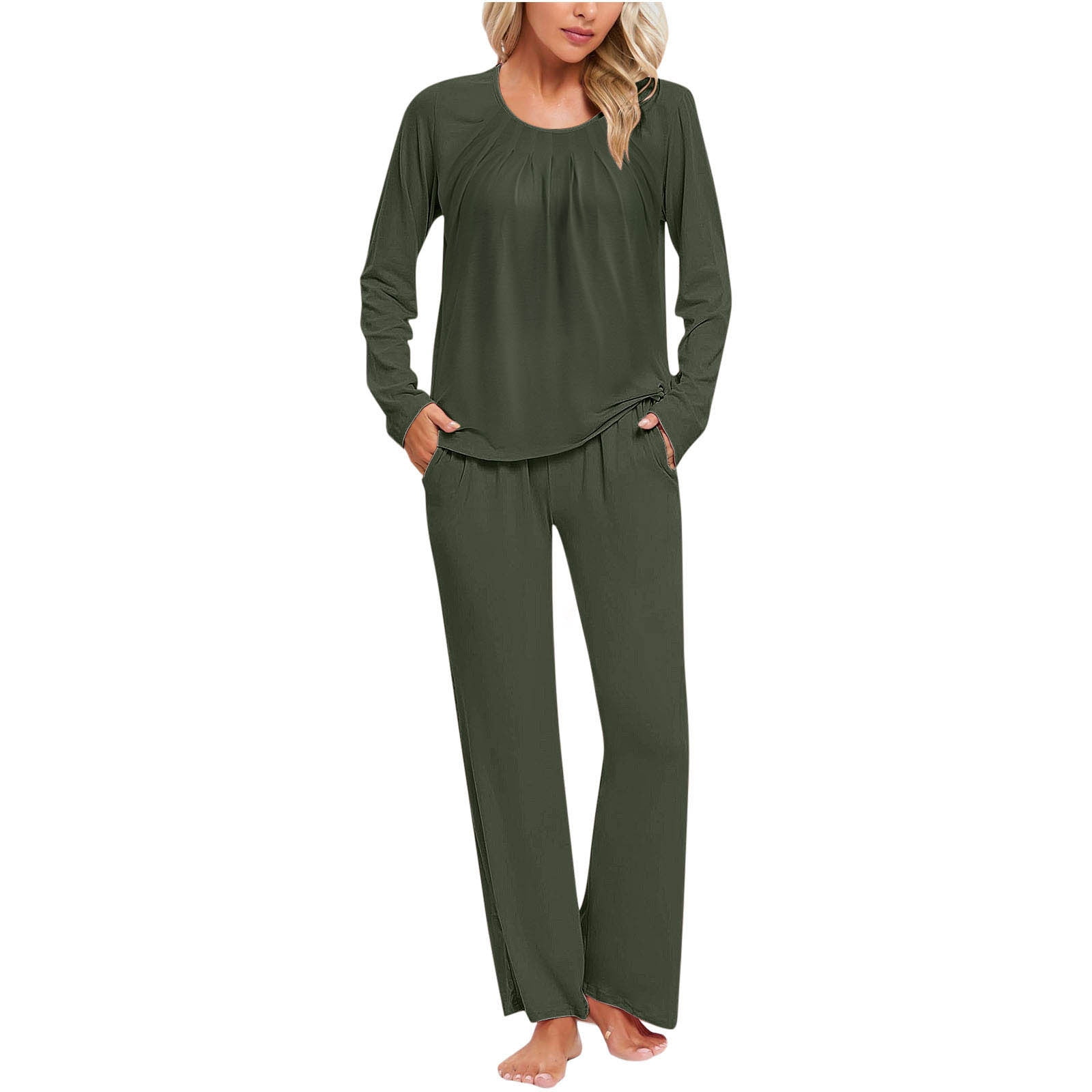 Elvqul Womens Pajamas Green Casual pleated Pajamas Set Long Sleeve ...