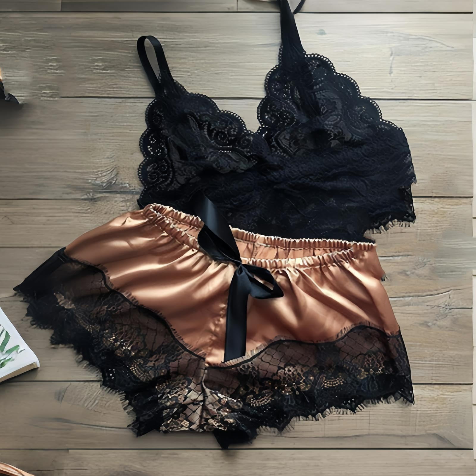 Elvqul Womens Pajamas Lace Brown Pajamas Set Cozy V-Neck Solid Color ...