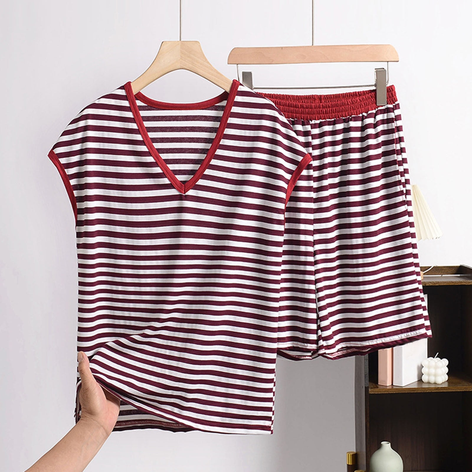 Elvqul Womens Pajamas Loose Casual Pajamas Set Wine V-Neck Sleeveless ...