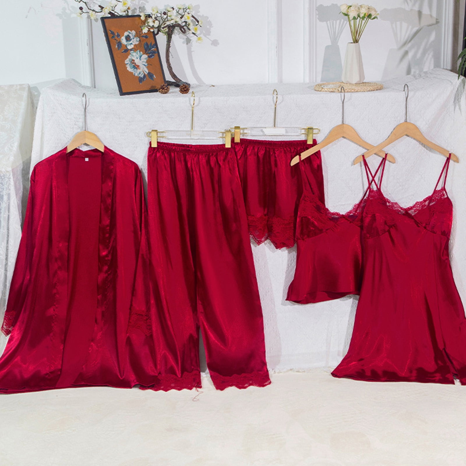 Elvqul Womens Pajamas Wine Pajamas Set Silk Soft V-Neck Sleeveless Cozy ...