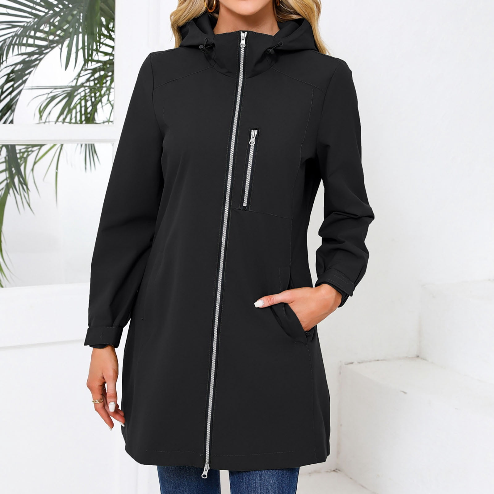 Elvqul Womens Rain Coat Windbreaker Hooded Waterproof Raincoats Casual ...