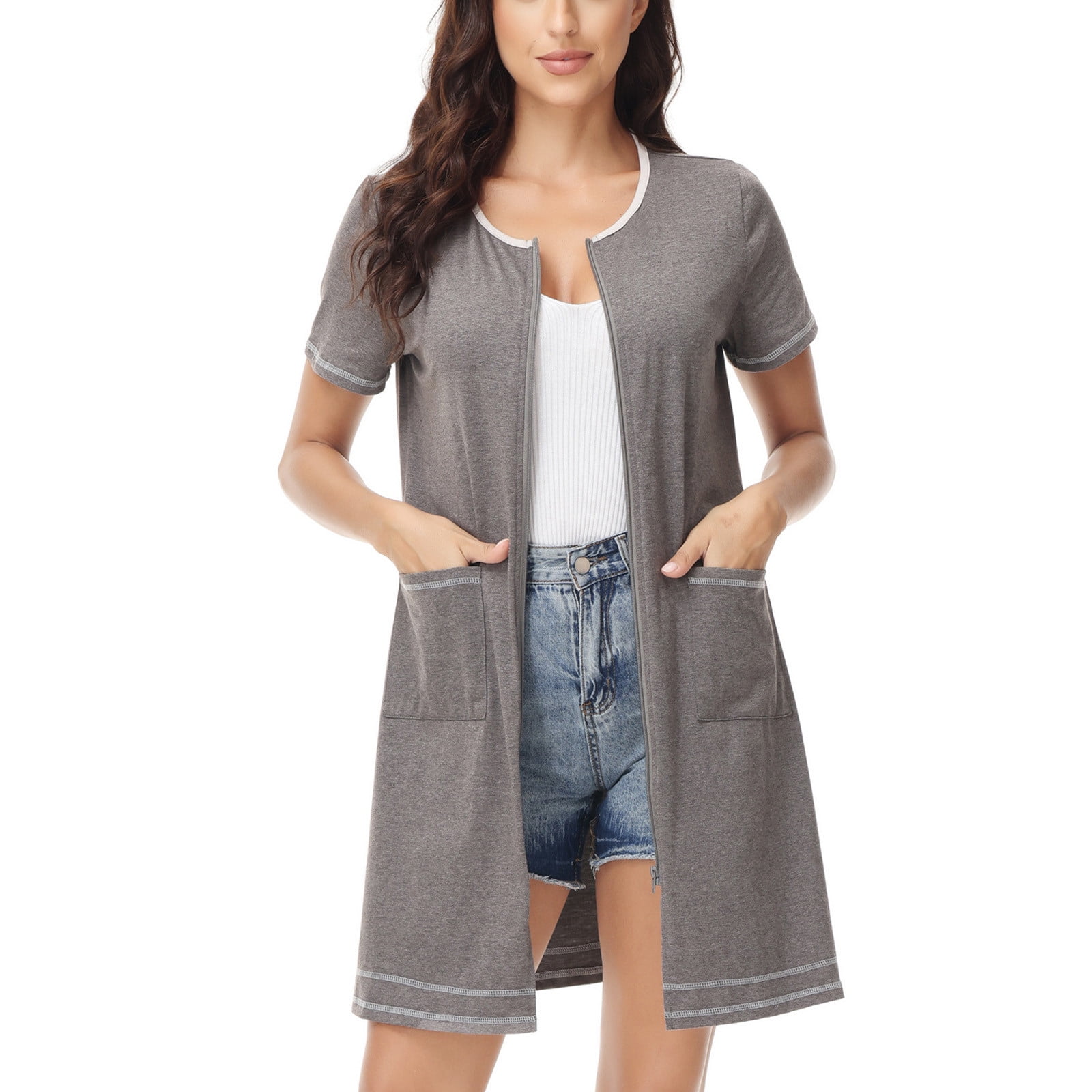 Elvqul Womens Robes Dark Gray Zip Front 100%Cotton Bath Robe ...