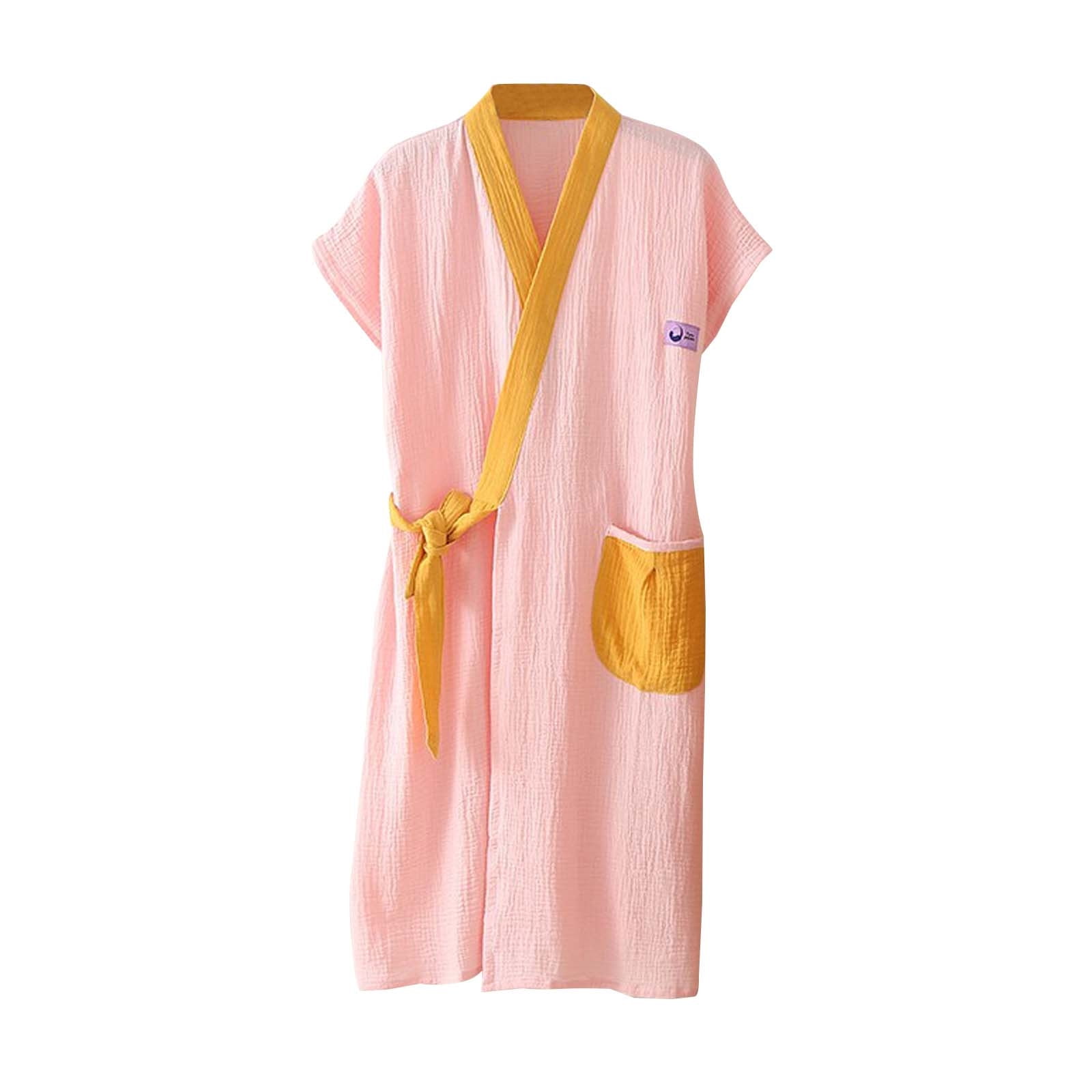 Elvqul Womens Robes Summer Bath Robe 100%Cotton Wearable V-Neck Solid ...
