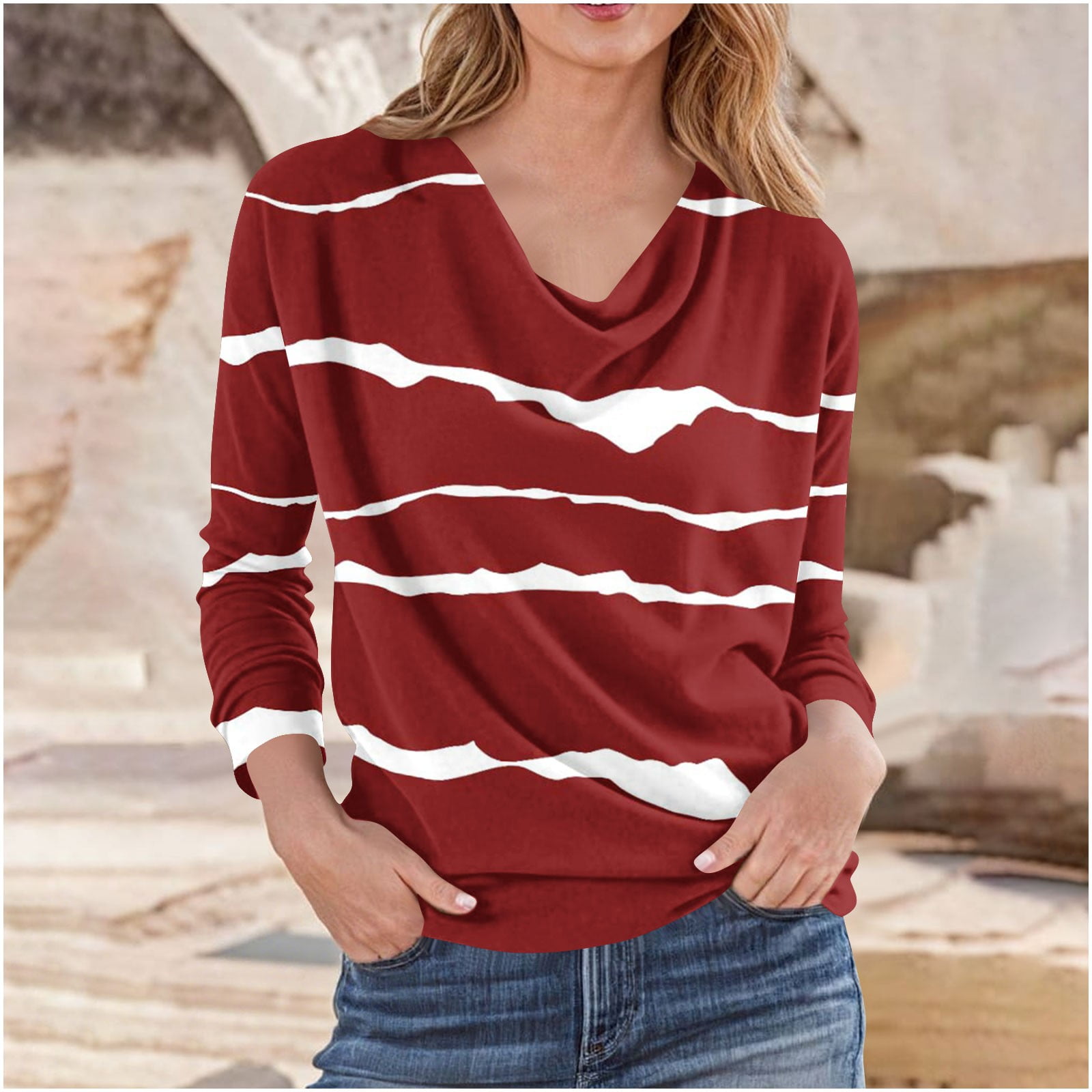 Elvqul Womens Shirts Loose Blouses Long Sleeve Casual Red Pleated ...