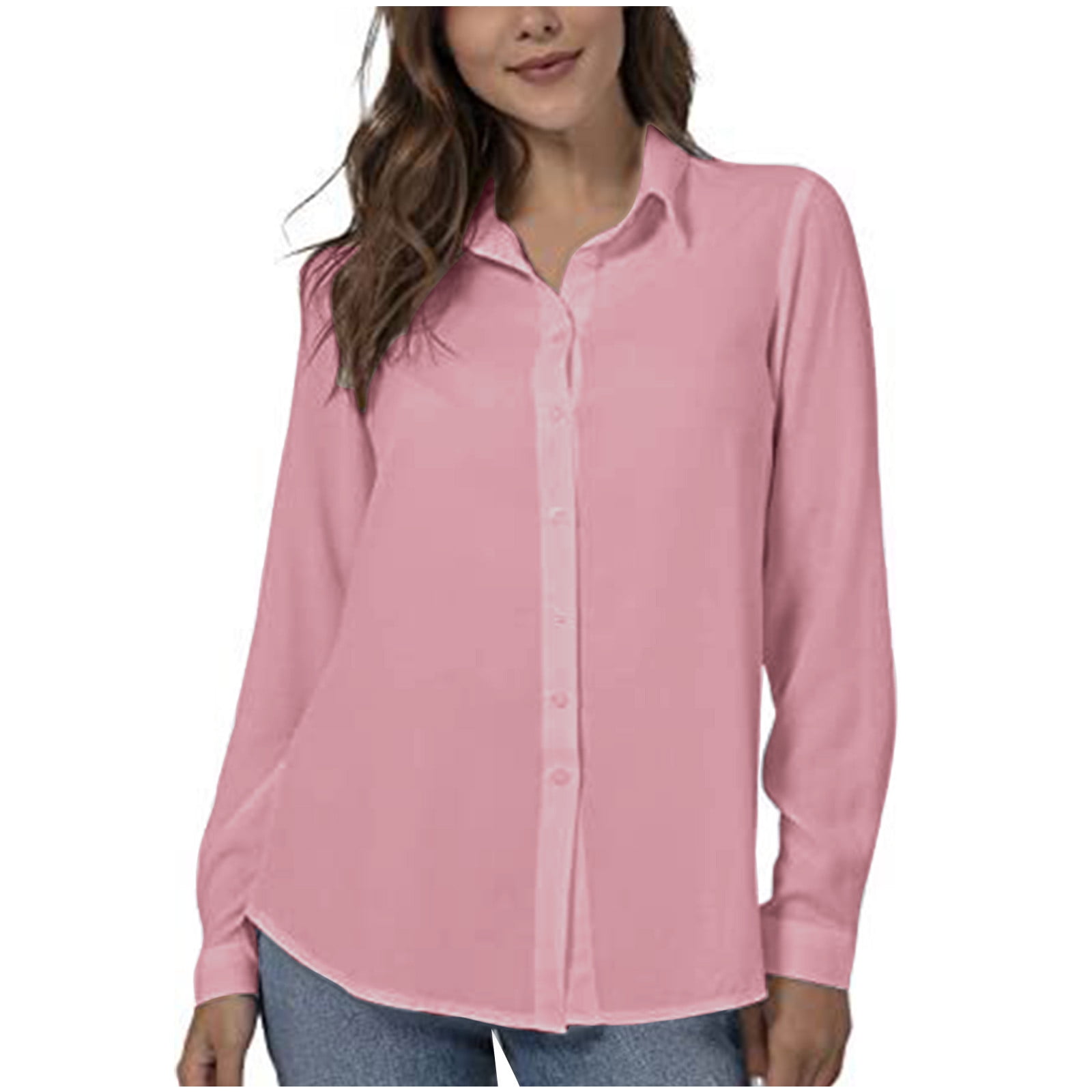 Elvqul Womens Shirts Plus Size Collared Button down Blouses for Women Pink Solid Long Sleeve ...