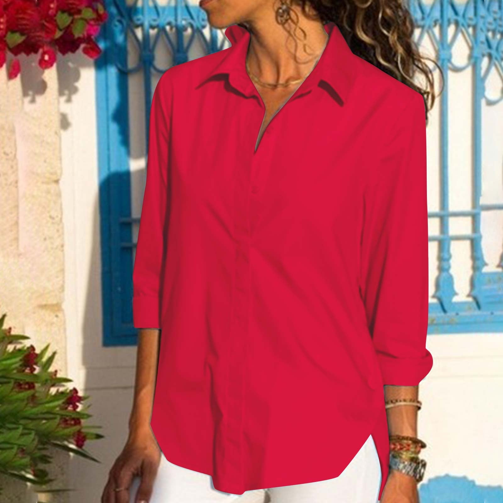 Elvqul Womens Shirts Plus Size Collared Button down Womens Blouses Open ...