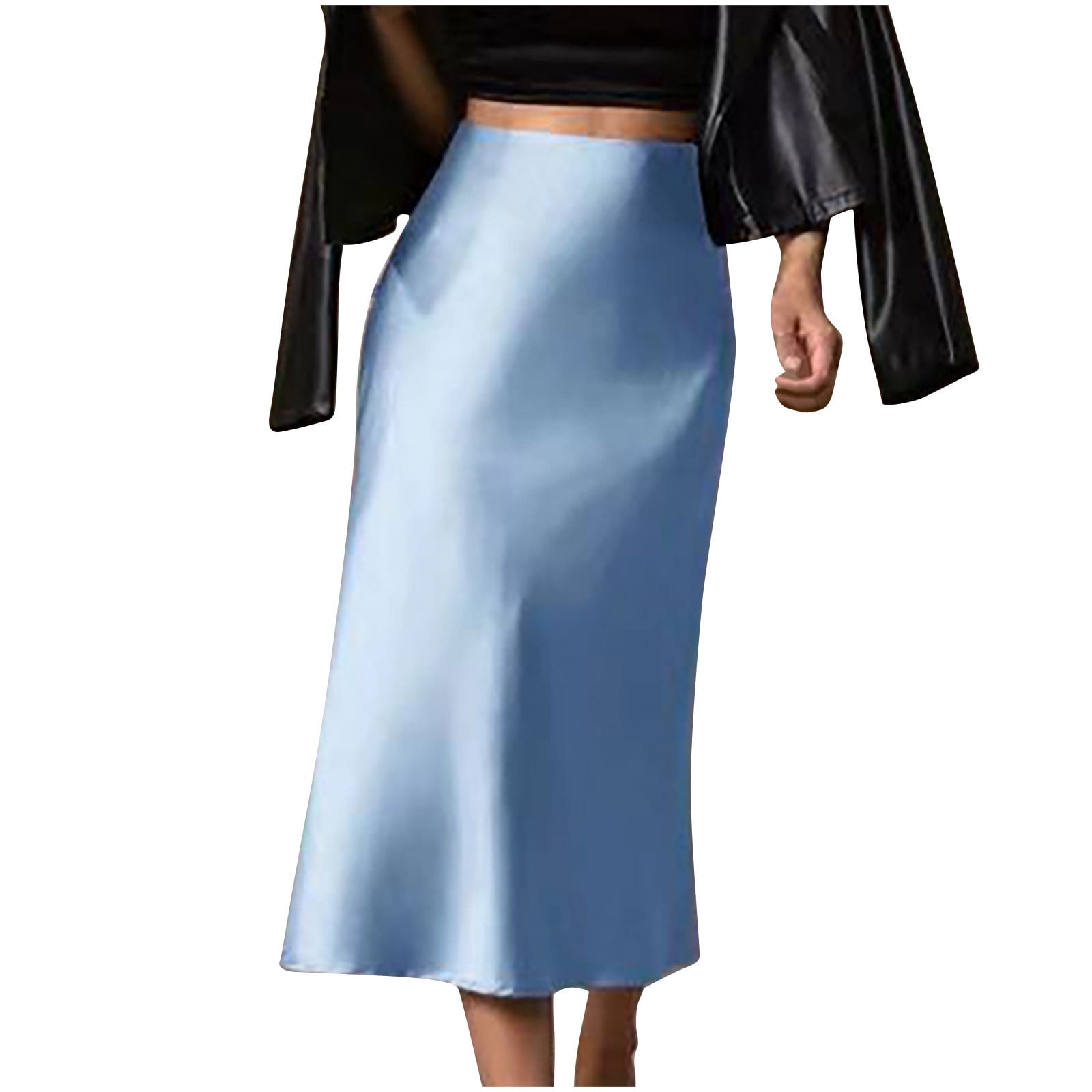Elvqul Womens Skirts Satin Plain Ladies Midi Light Blue Skirts ...