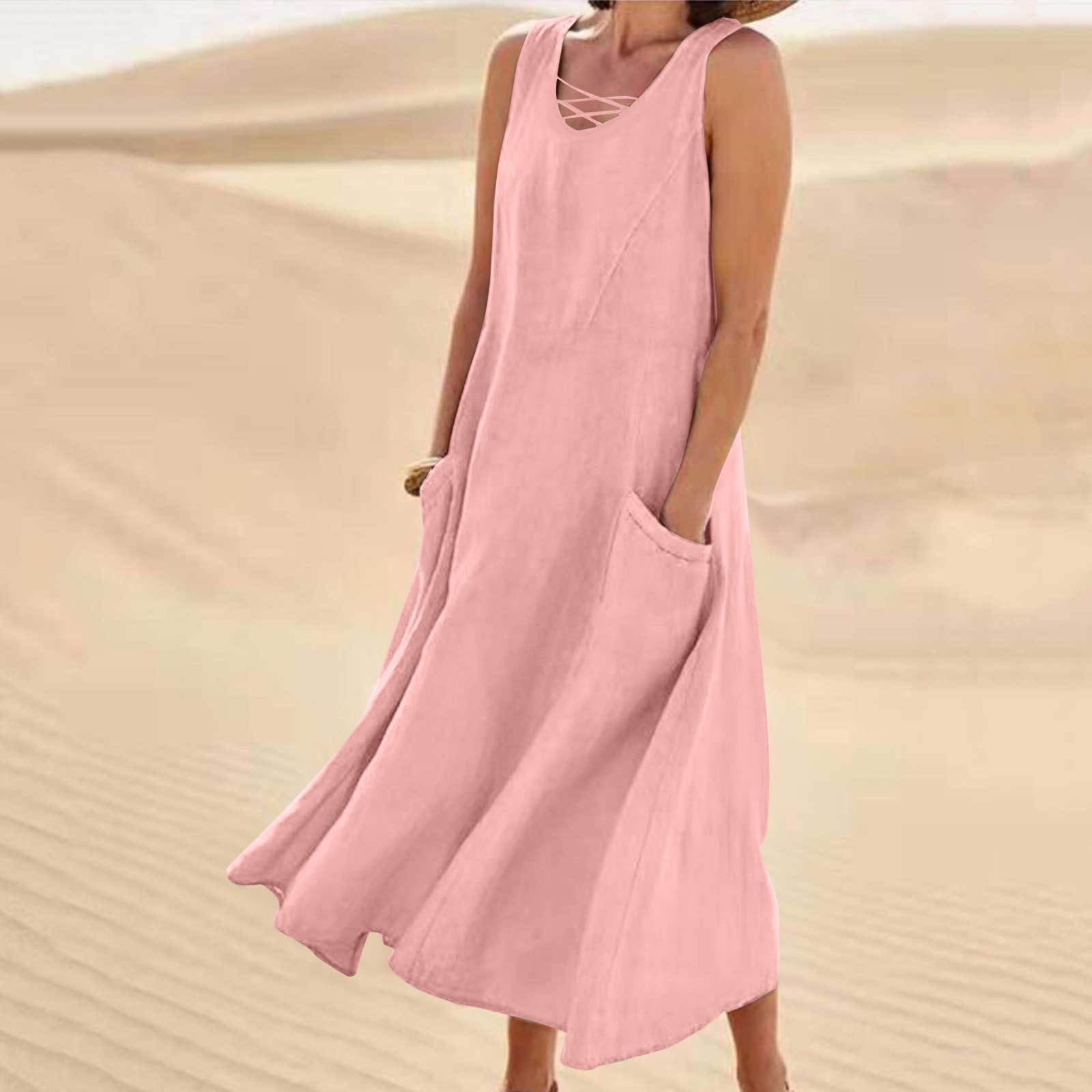 Elvqul Womens Sleeveless Dress Pullover Scoop Neck Midi Dresses Summer ...