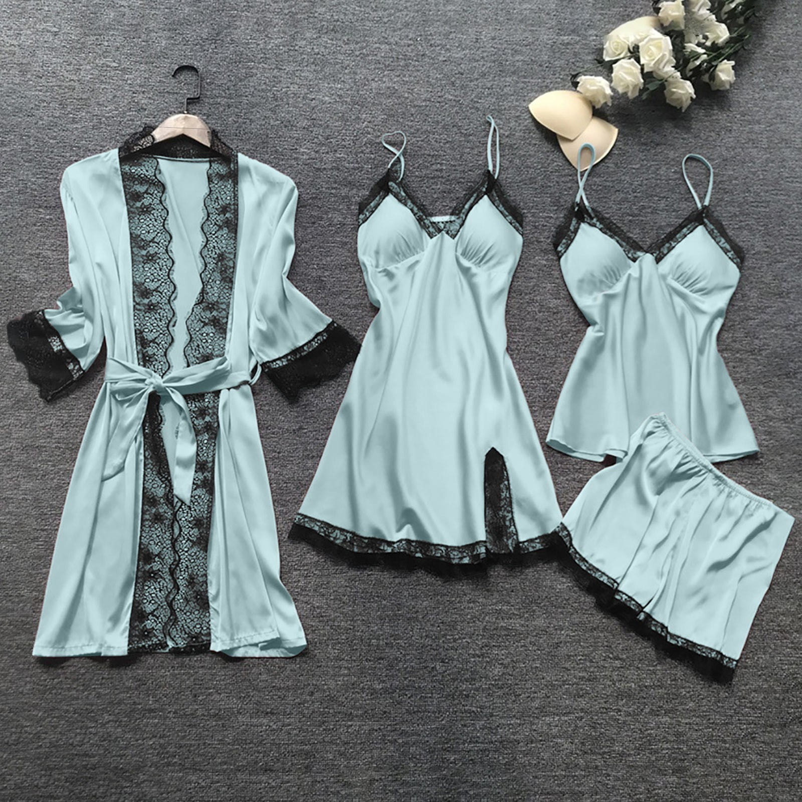 Elvqul Womens Soft Pajamas Lace Pajamas Set Silky Light Blue Summer ...