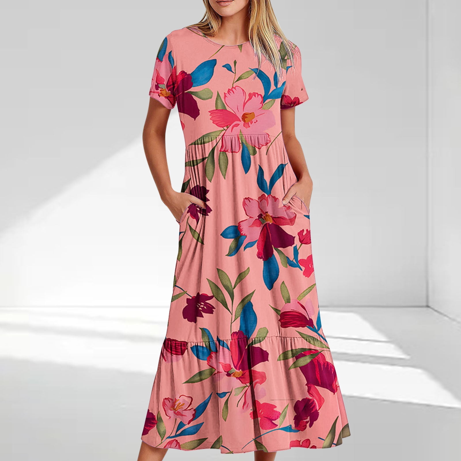 Elvqul Womens Spring Dresses Long Maxi Pink Print Plus Size Round Neck ...