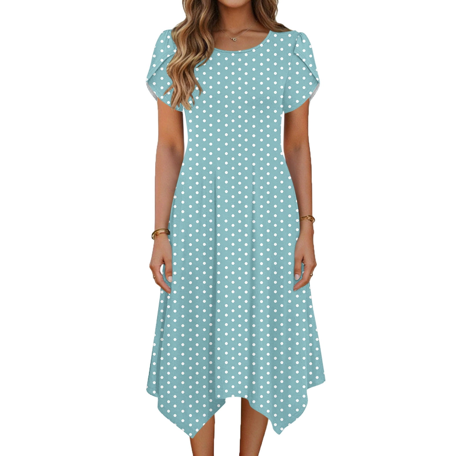 Elvqul Womens Summer Mid-Length Dresses Crew Neck Asymmetrical ...