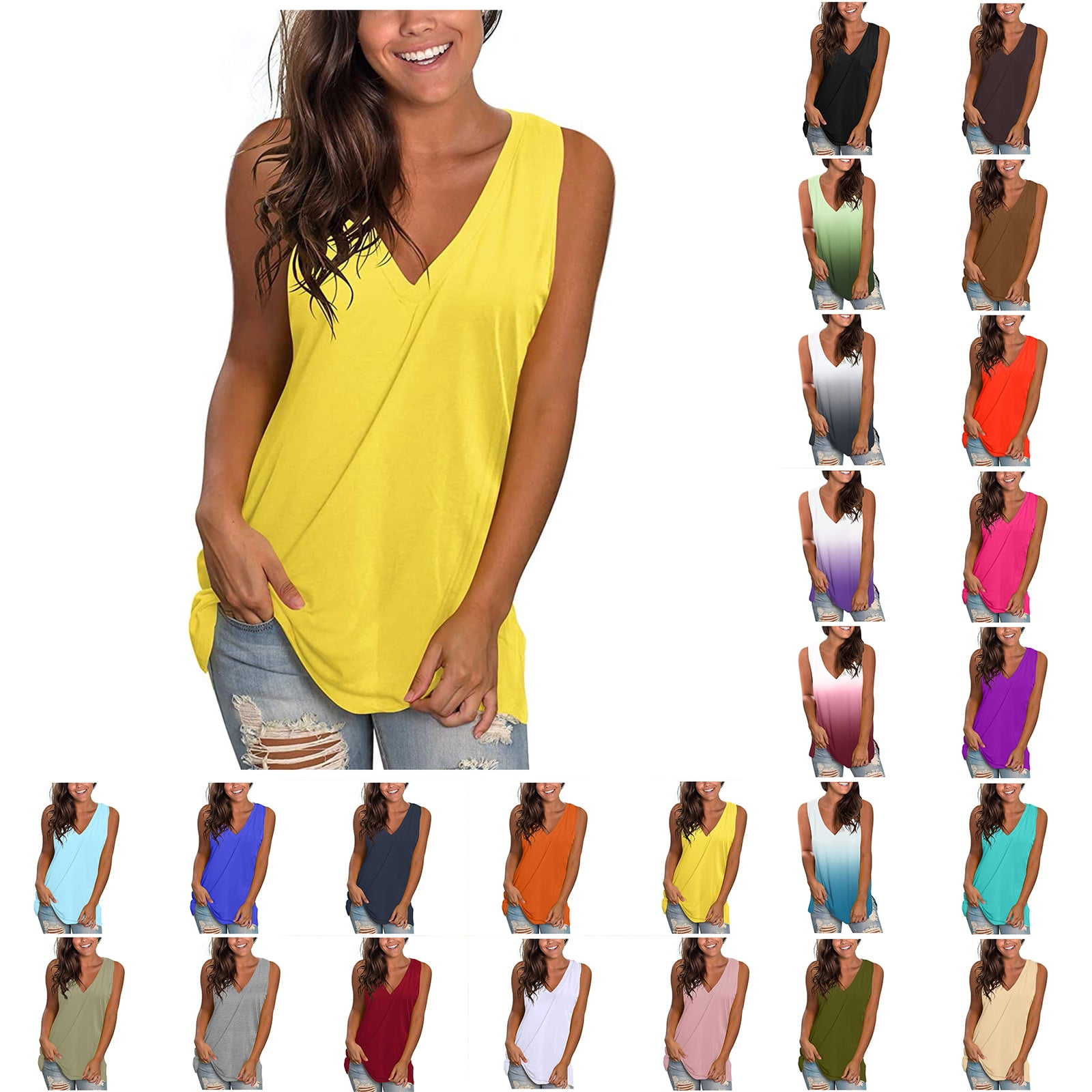 Elvqul Womens Tank Tops Solid Yellow V-Neck Pullover Plus Size ...