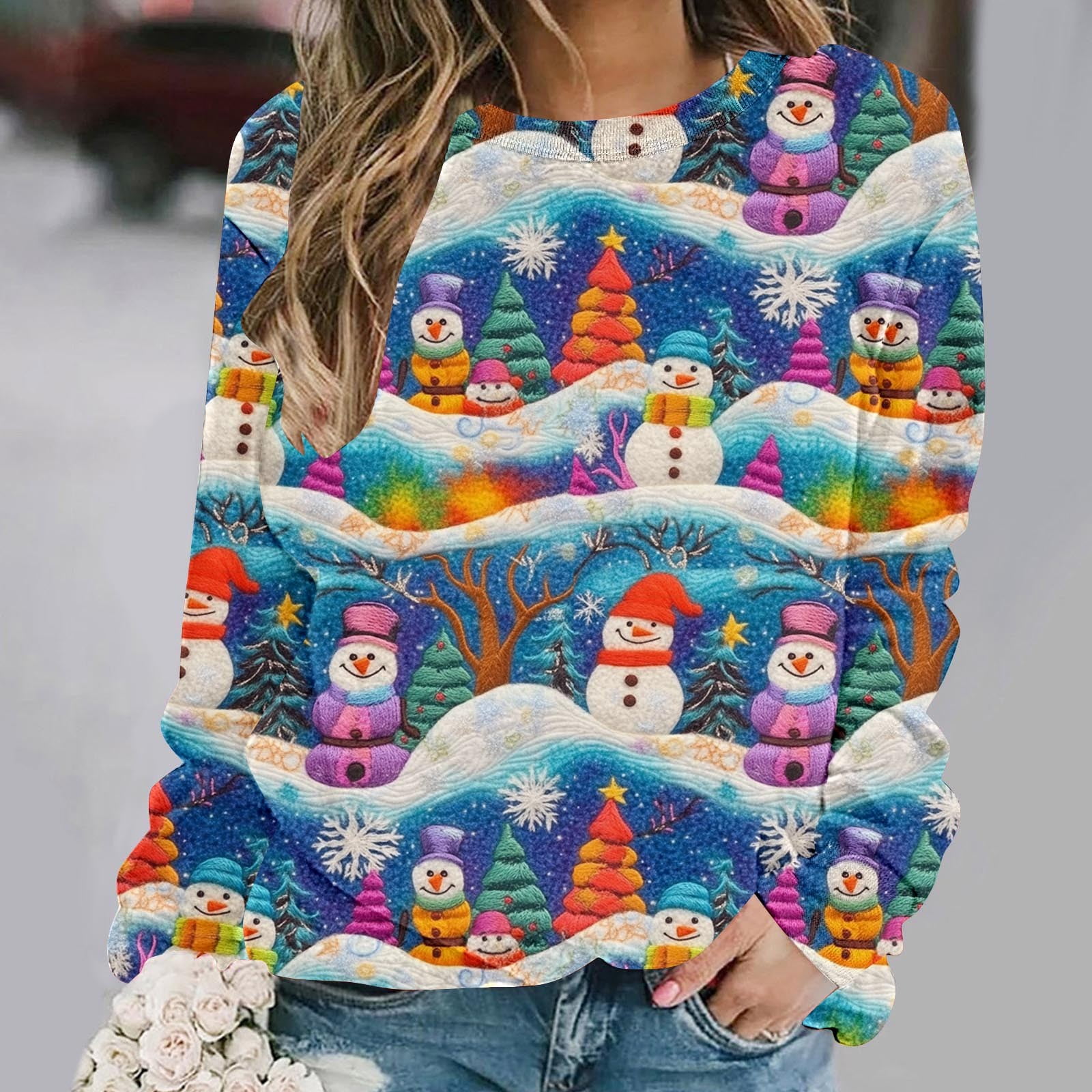 Elvqul Womens Tops Party Christmas Shirts Crewneck Long Sleeve Ugly ...
