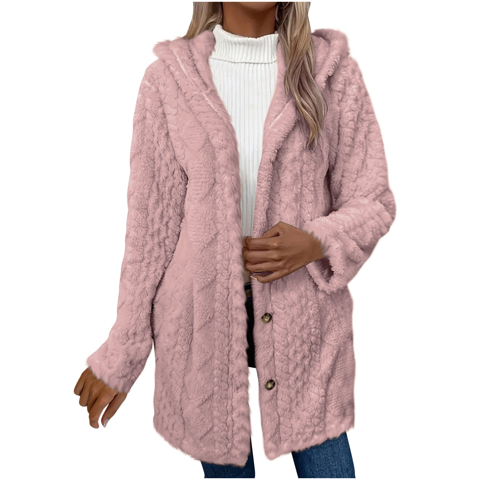 Elvqul Womens Warm Jackets Hooded Fleece Coats Button Down Pink Fashion ...