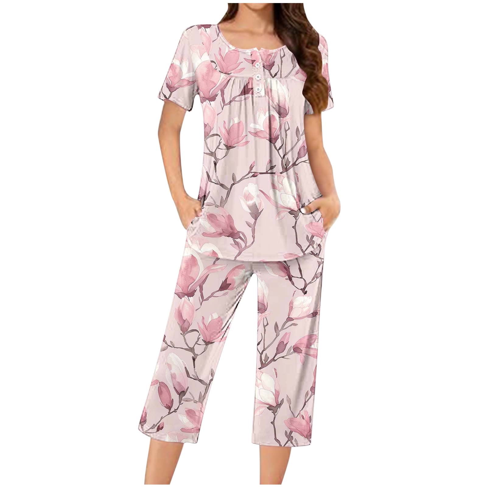 Elvqul Womens pleated Pajamas Loose Hot Pink Pajamas Set Casual Capri ...