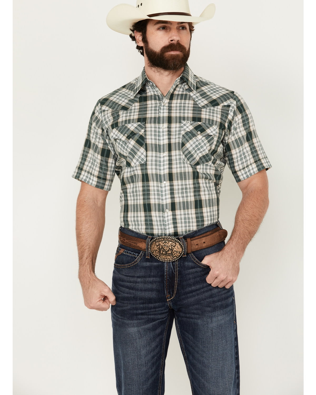 Ely Walker Men's Dobby Plaid Print Short Sleeve Snap Western Shirt ...
