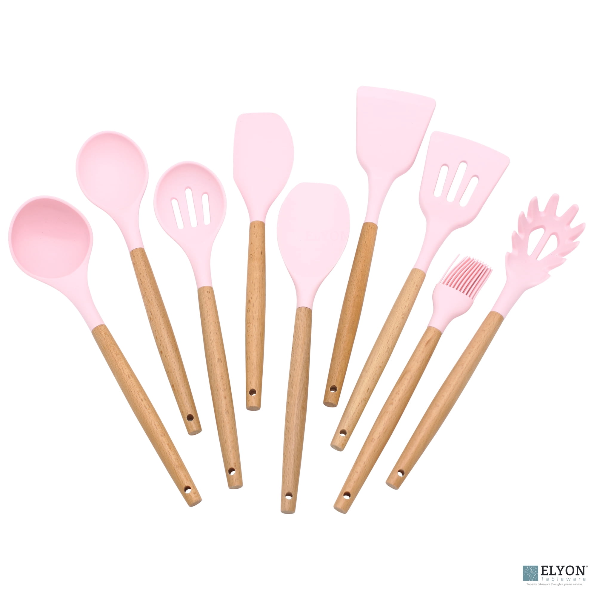 Elyon Tableware® 9-Piece Pink Silicone Kitchen Utensils Set with Wooden ...