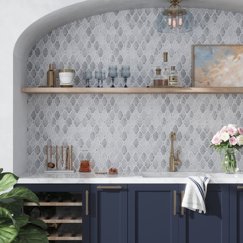 Elysian 11 x 13 in. Polished Soft Gray, White Marble Mosaic Arabesque ...