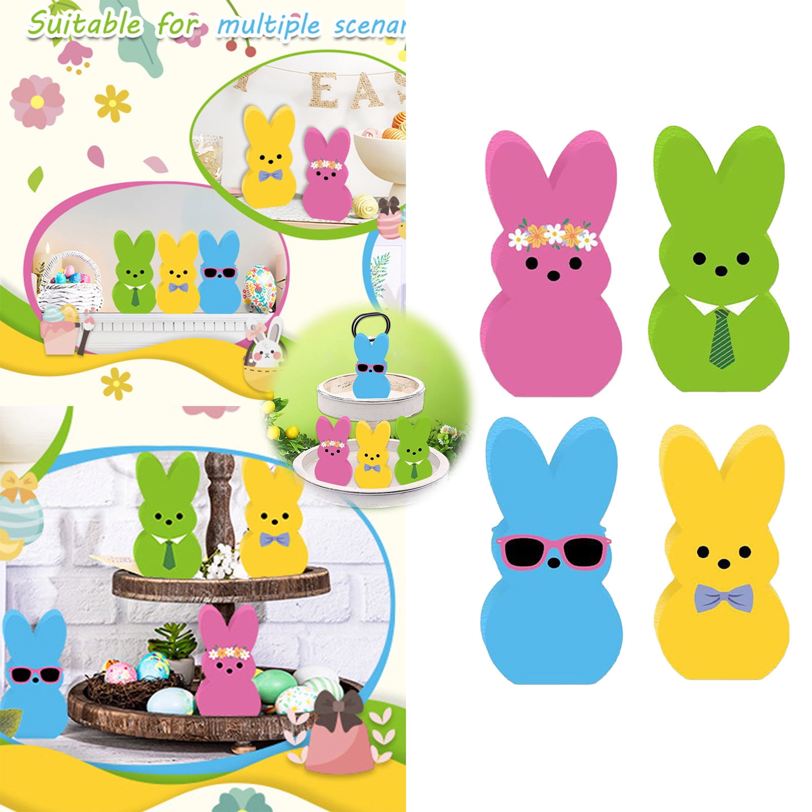 Elysian 4 Piece Easter Decorations Wooden Laminated Tray Double Easter Bunny Spring Holiday ...