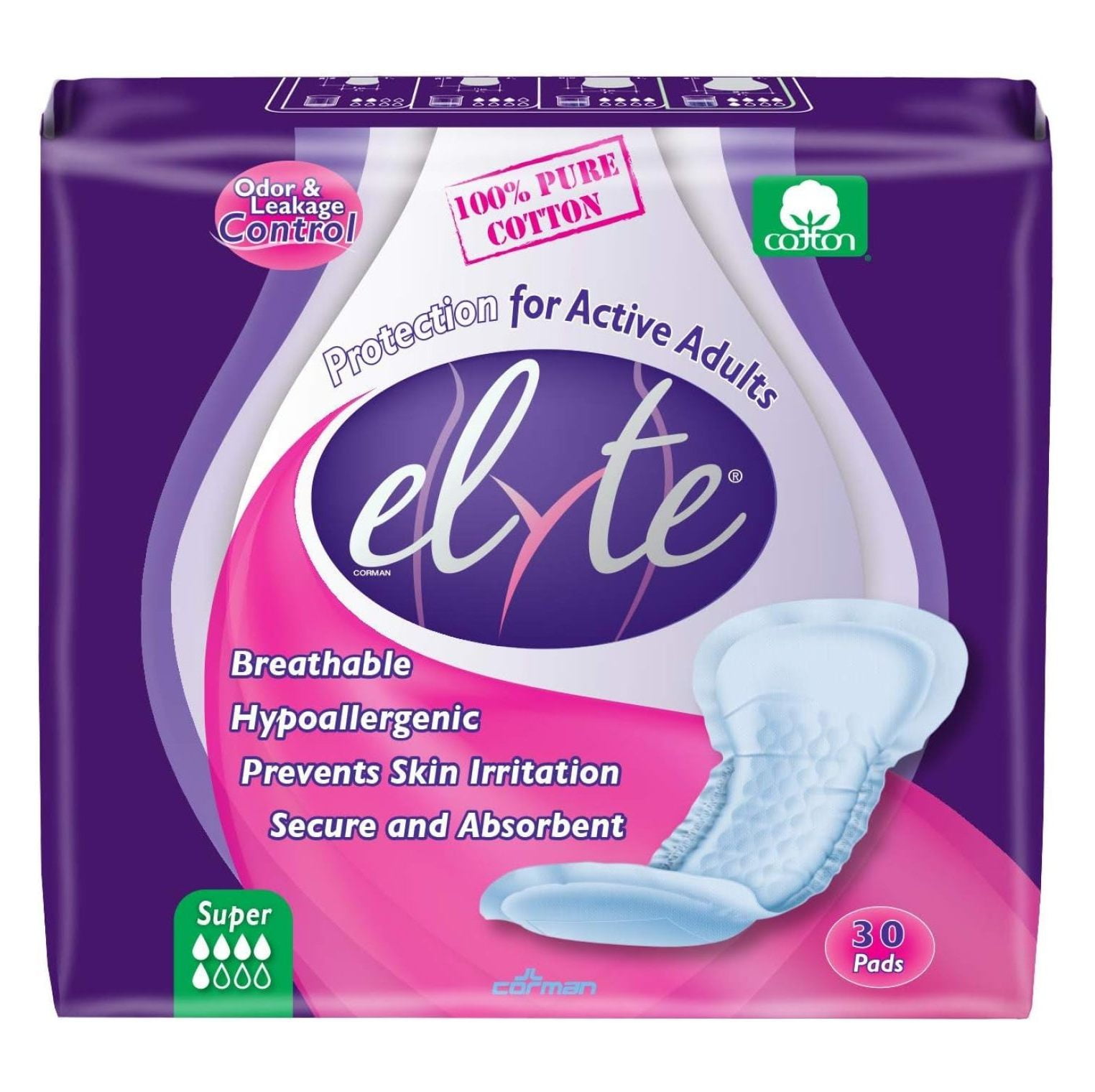Elyte 100% Pure Cotton Bladder Control Pads, Sensitive Skin Safe, Super ...