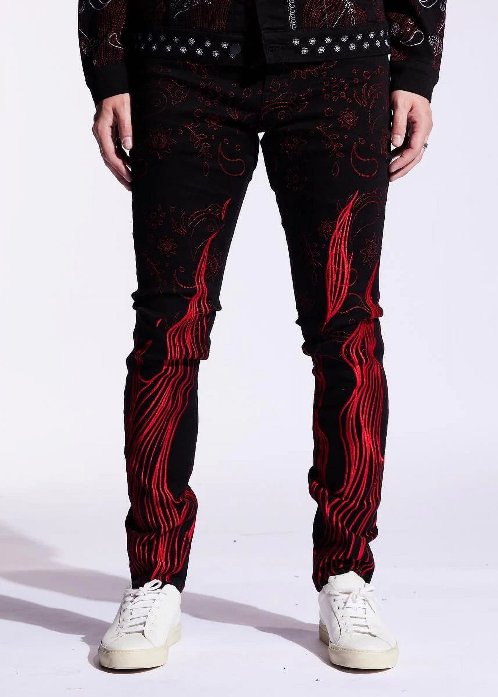 Embellish NYC Men's Eulogy Black/Red Embroidered Skinny Fit Stretch Denim Jeans (40, Black/Red ...